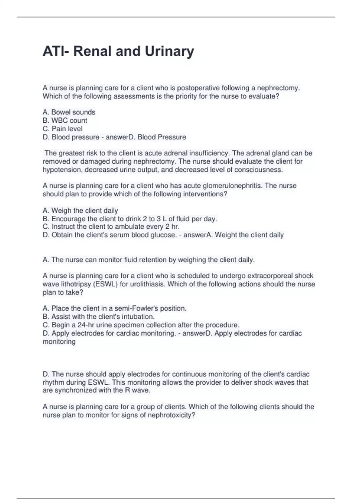 ATI- Renal and Urinary Questions with Correct Answers - ATI renal and ...