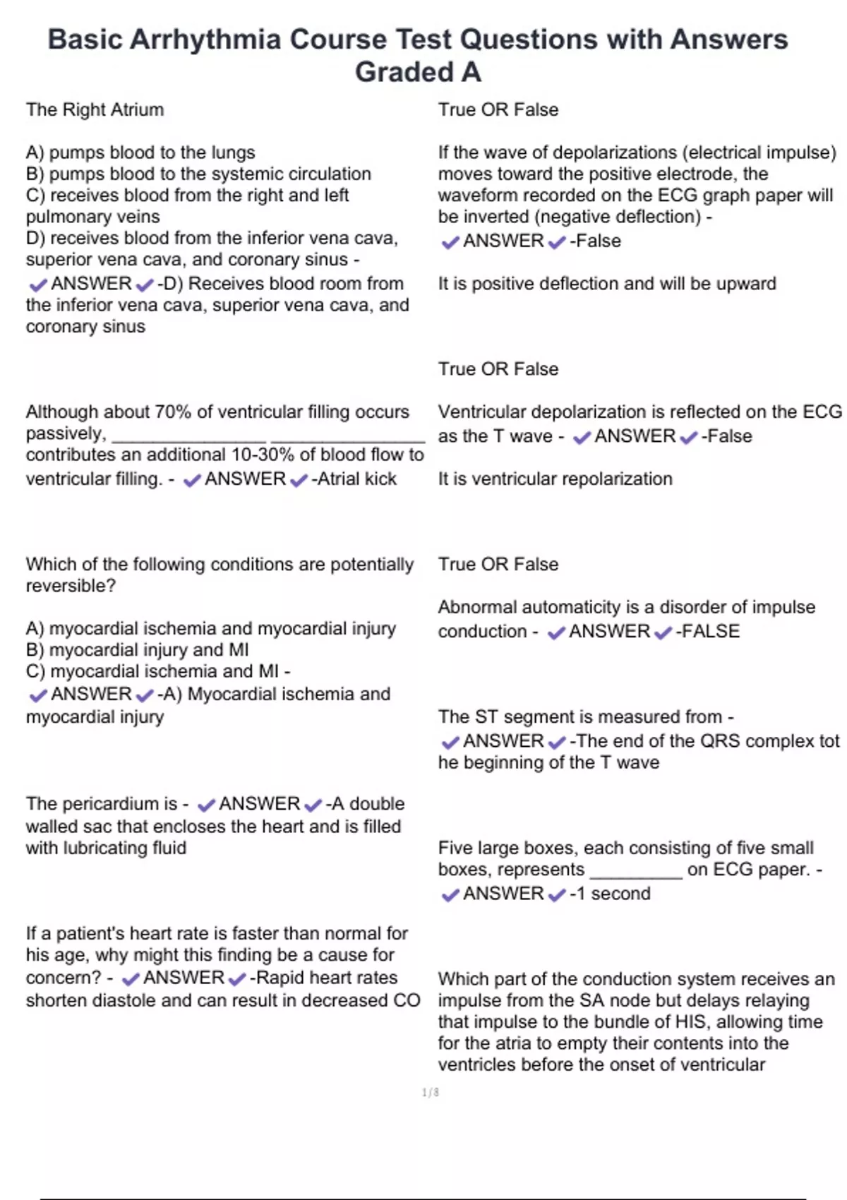 Basic Arrhythmia Course Test Questions with Answers Graded A - Basic ...
