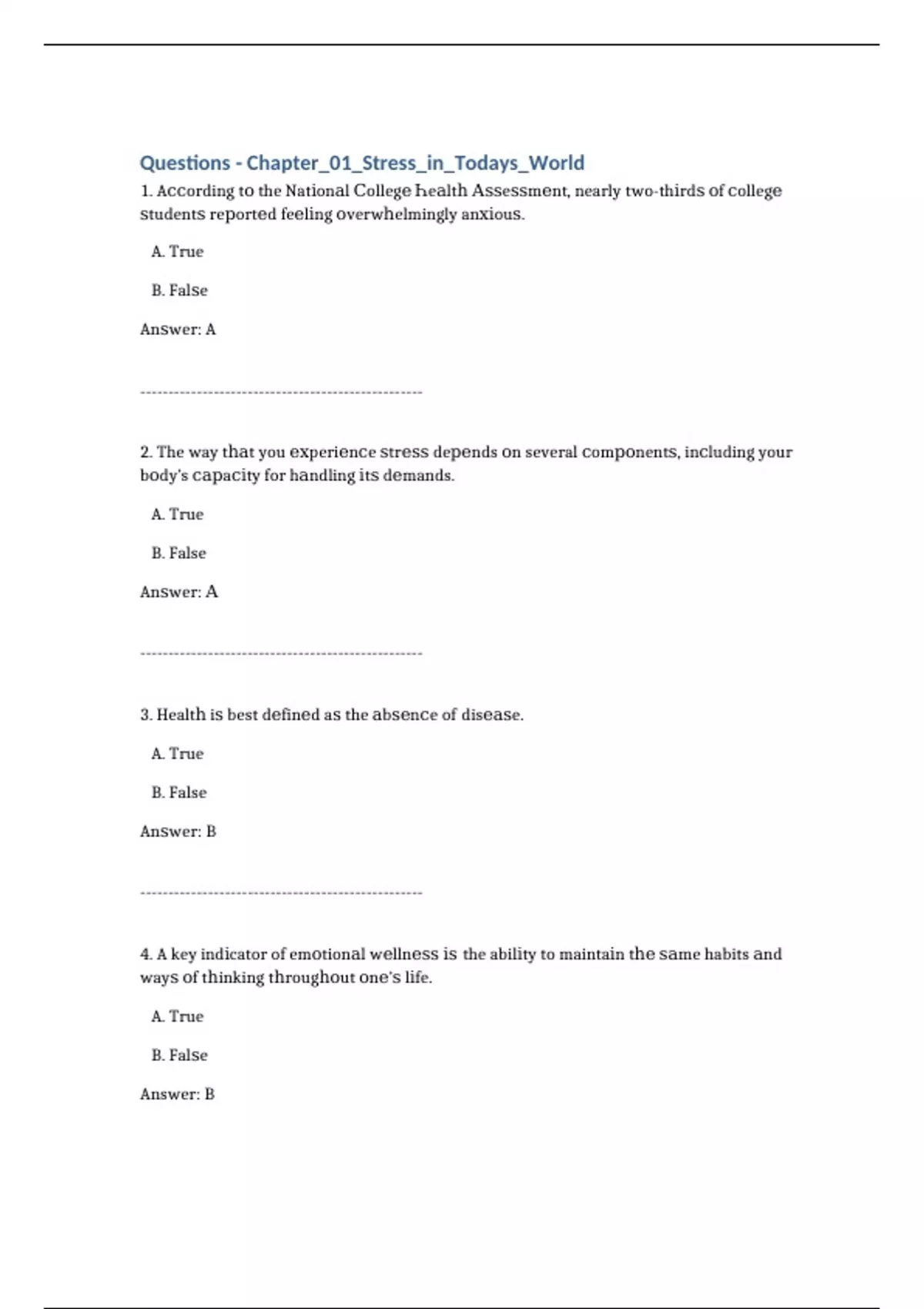 test bank, practice questions: Stress Management for Life A Research ...