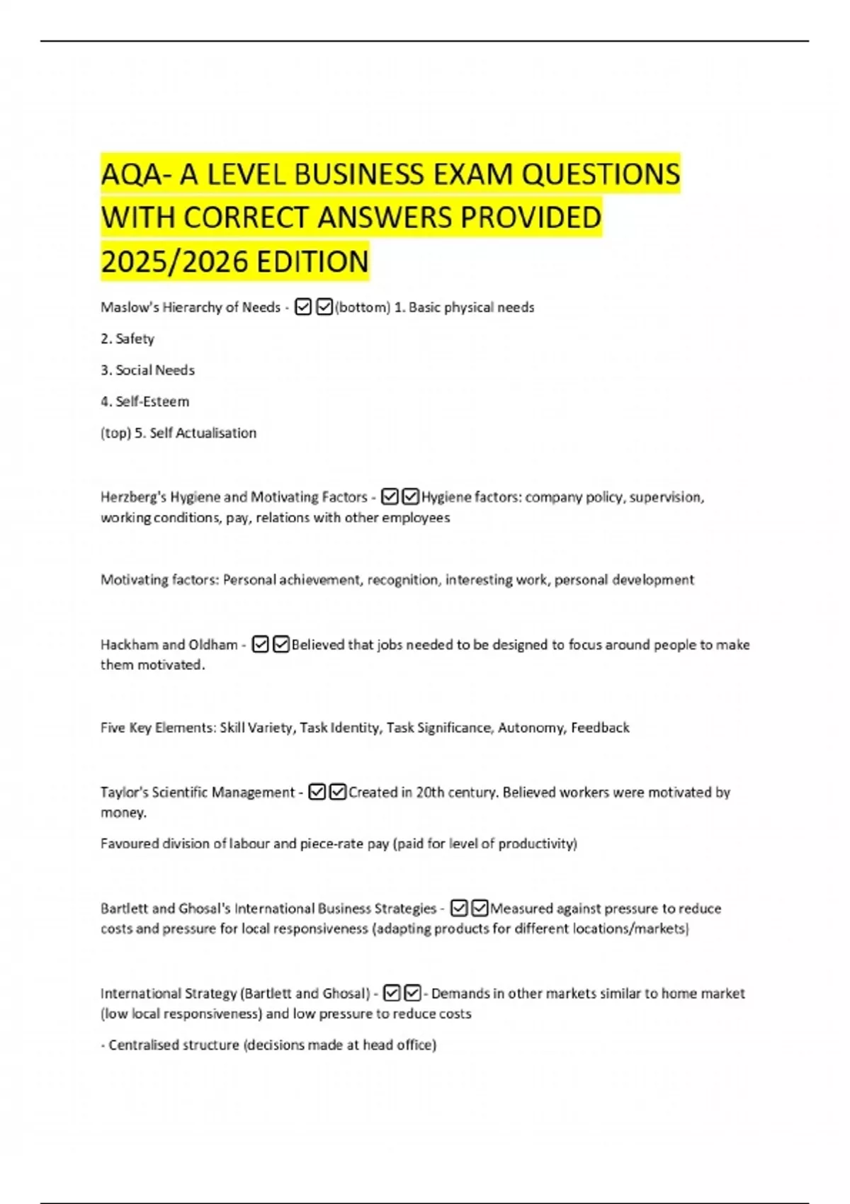 AQA- A LEVEL BUSINESS EXAM QUESTIONS WITH CORRECT ANSWERS PROVIDED 2025 ...
