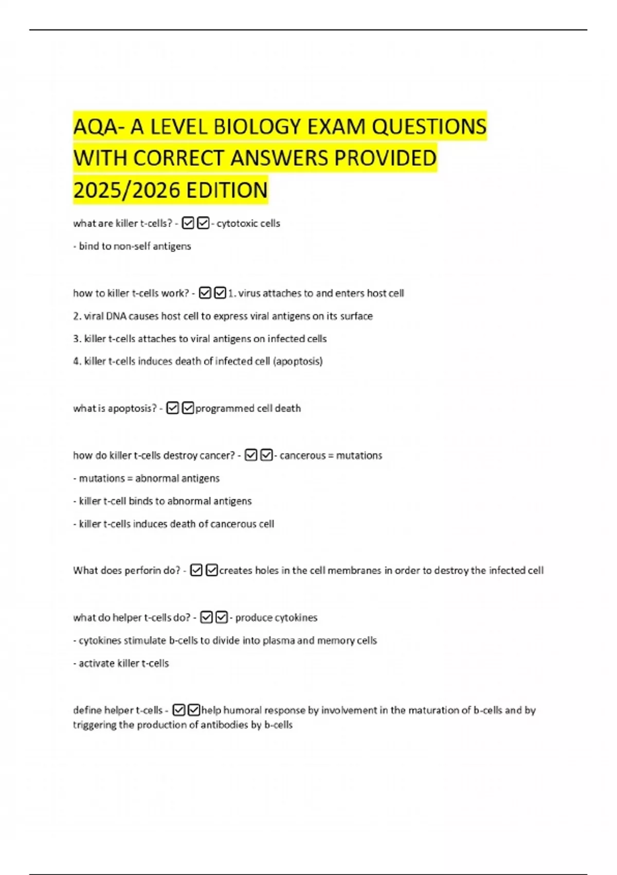 AQA- A LEVEL BIOLOGY EXAM QUESTIONS WITH CORRECT ANSWERS PROVIDED 2025/ ...