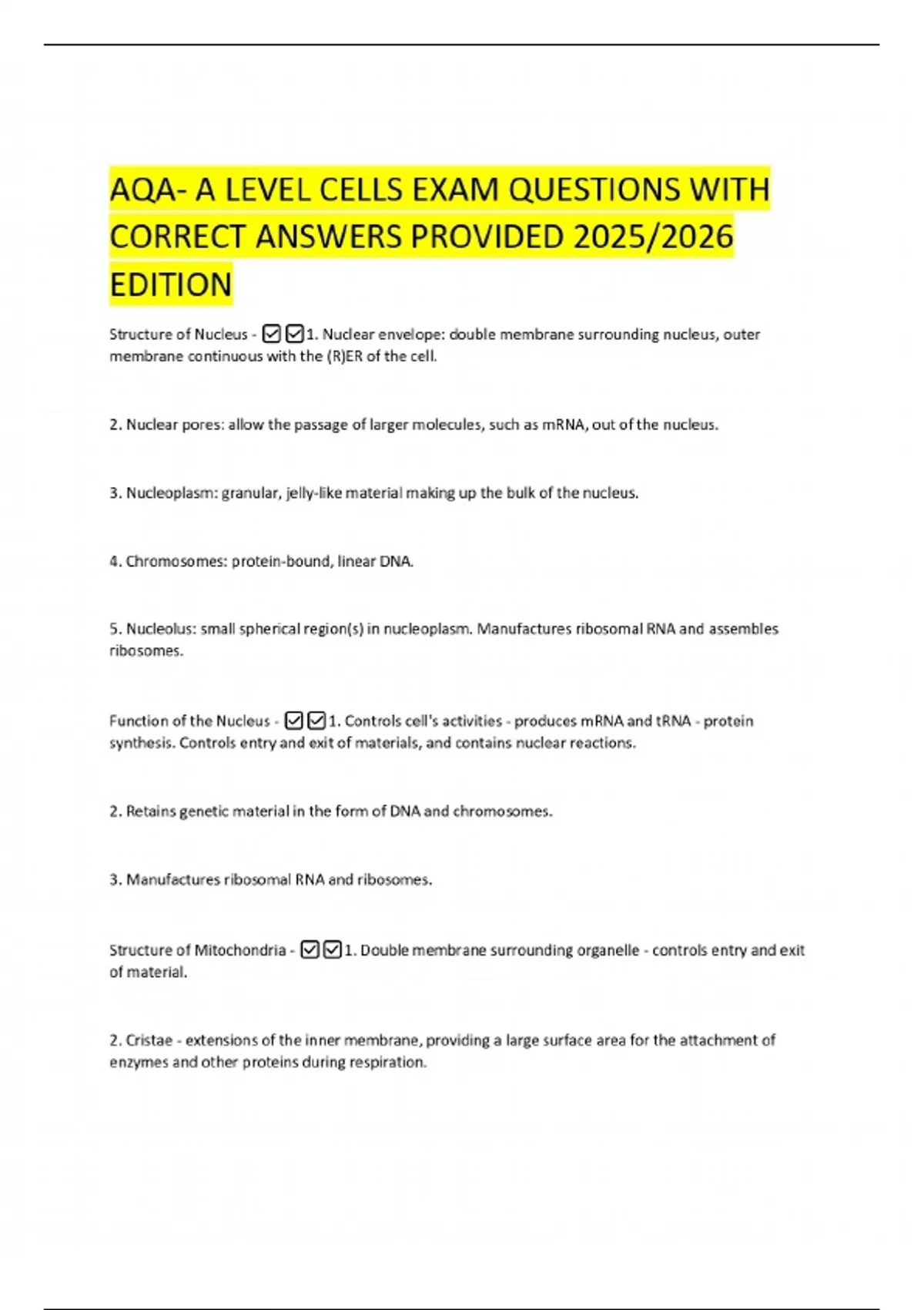 AQA- A LEVEL CELLS EXAM QUESTIONS WITH CORRECT ANSWERS PROVIDED 2025/2026 EDITION - AQA - Stuvia US