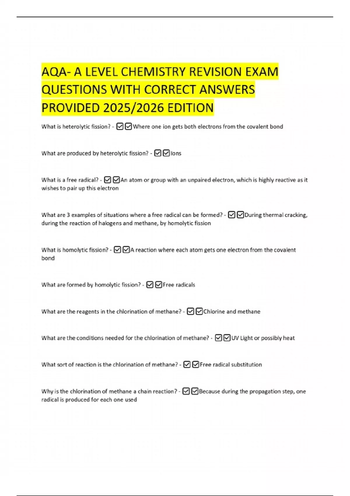 AQA- A LEVEL CHEMISTRY REVISION EXAM QUESTIONS WITH CORRECT ANSWERS PROVIDED 2025/2026 EDITION ...