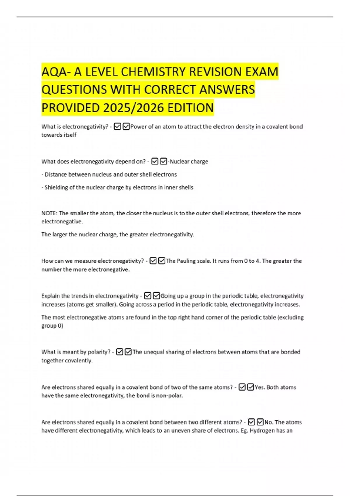 AQA- A LEVEL CHEMISTRY REVISION EXAM QUESTIONS WITH CORRECT ANSWERS PROVIDED 2025/2026 EDITION ...