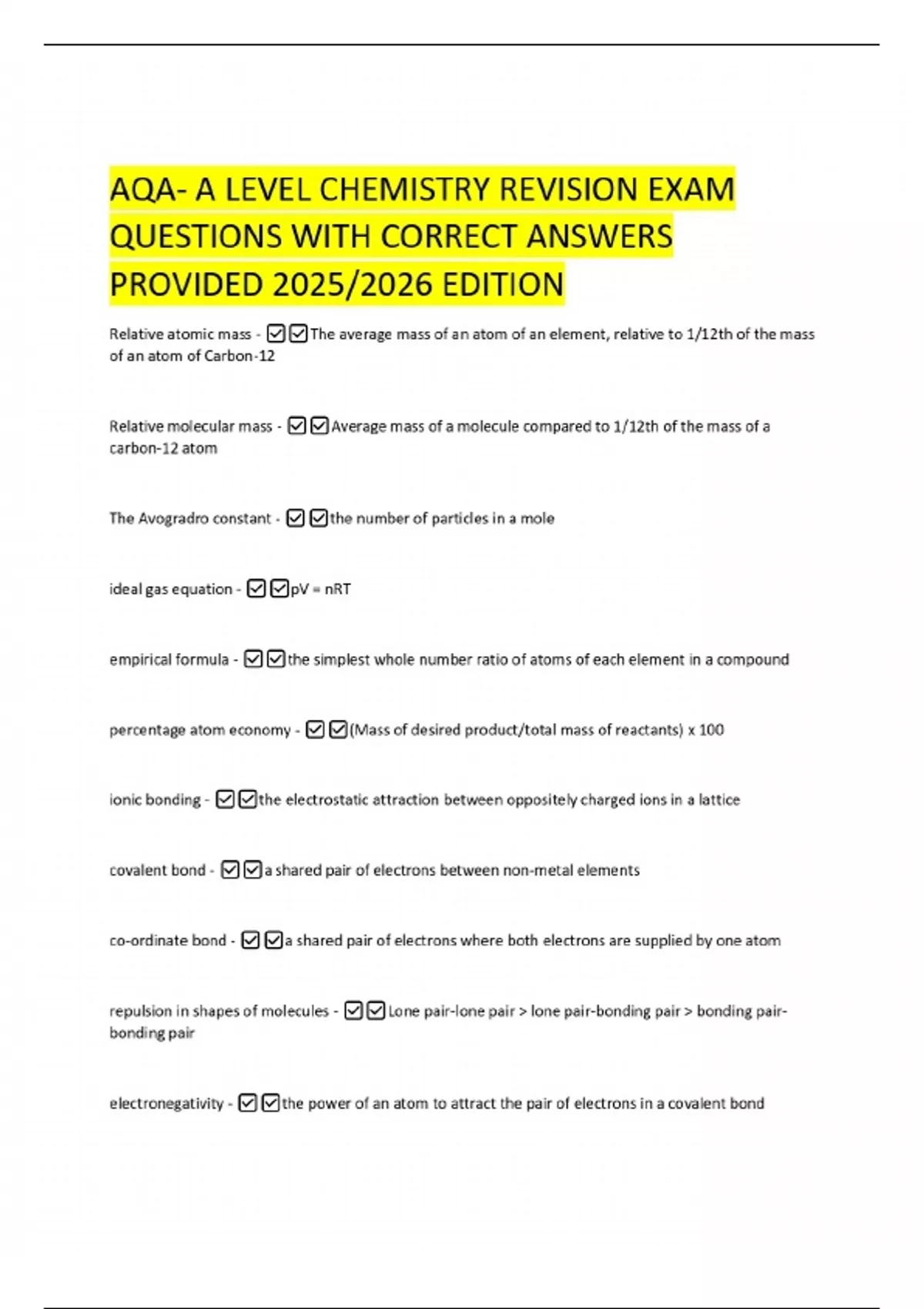 AQA- A LEVEL CHEMISTRY REVISION EXAM QUESTIONS WITH CORRECT ANSWERS PROVIDED 2025/2026 EDITION ...