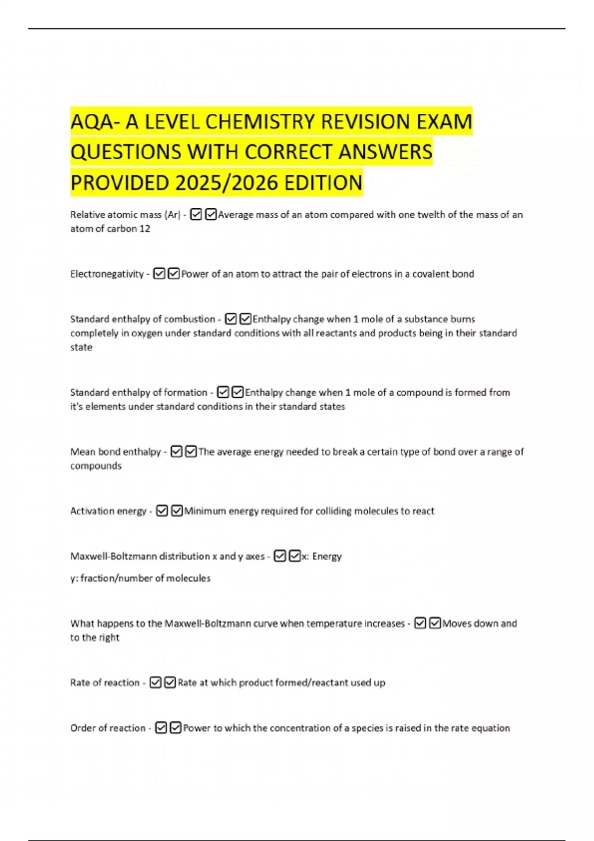 AQA- A LEVEL CHEMISTRY REVISION EXAM QUESTIONS WITH CORRECT ANSWERS PROVIDED 2025/2026 EDITION ...