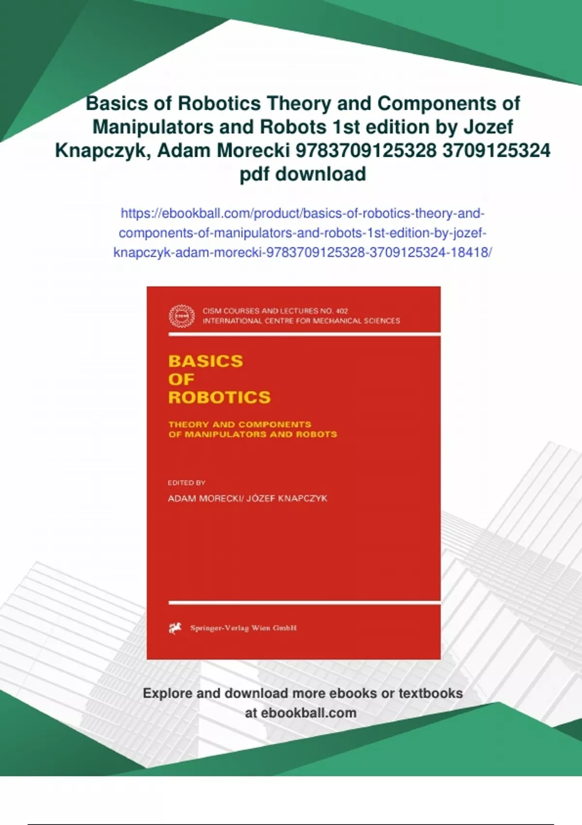 Summary Basics of Robotics Theory and Components of Manipulators and Robots 1st edition by Jozef ...