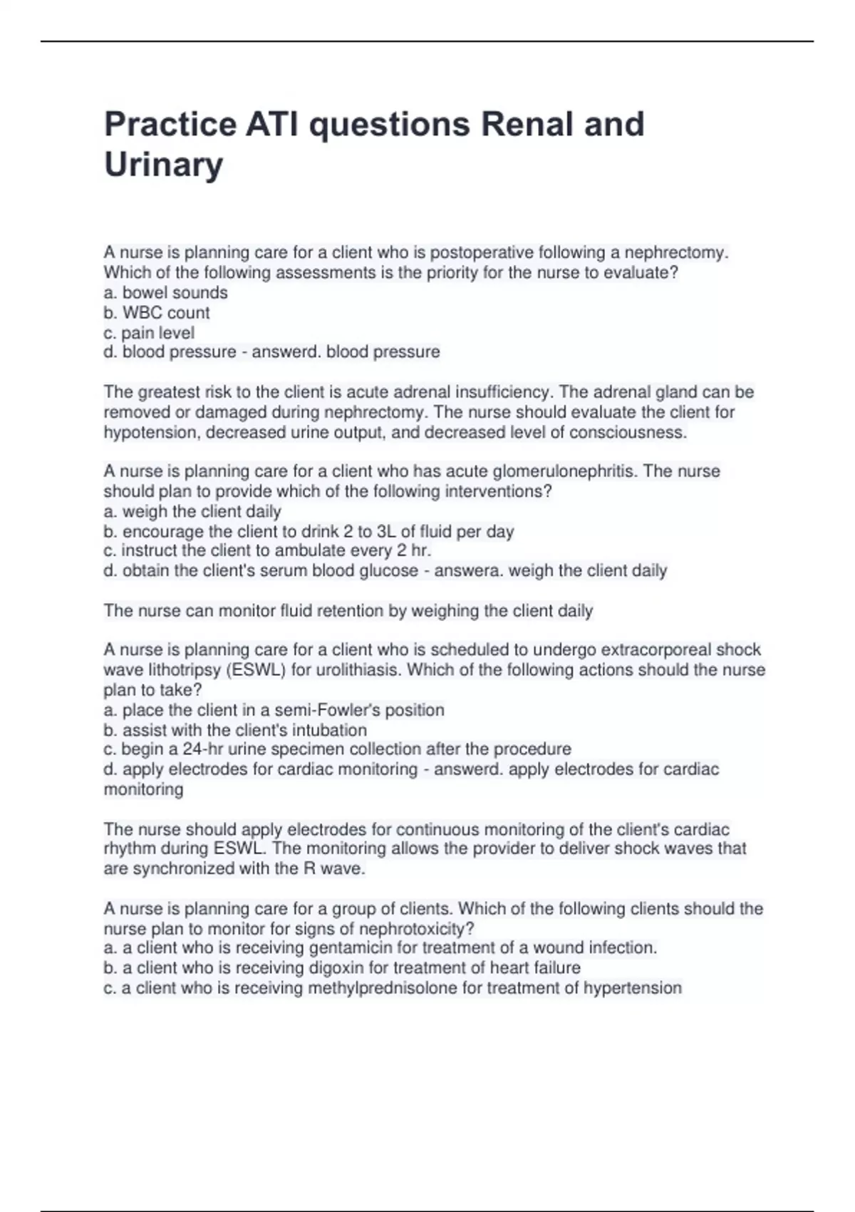 Practice ATI questions Renal and Urinary Questions and Answers - ATI ...