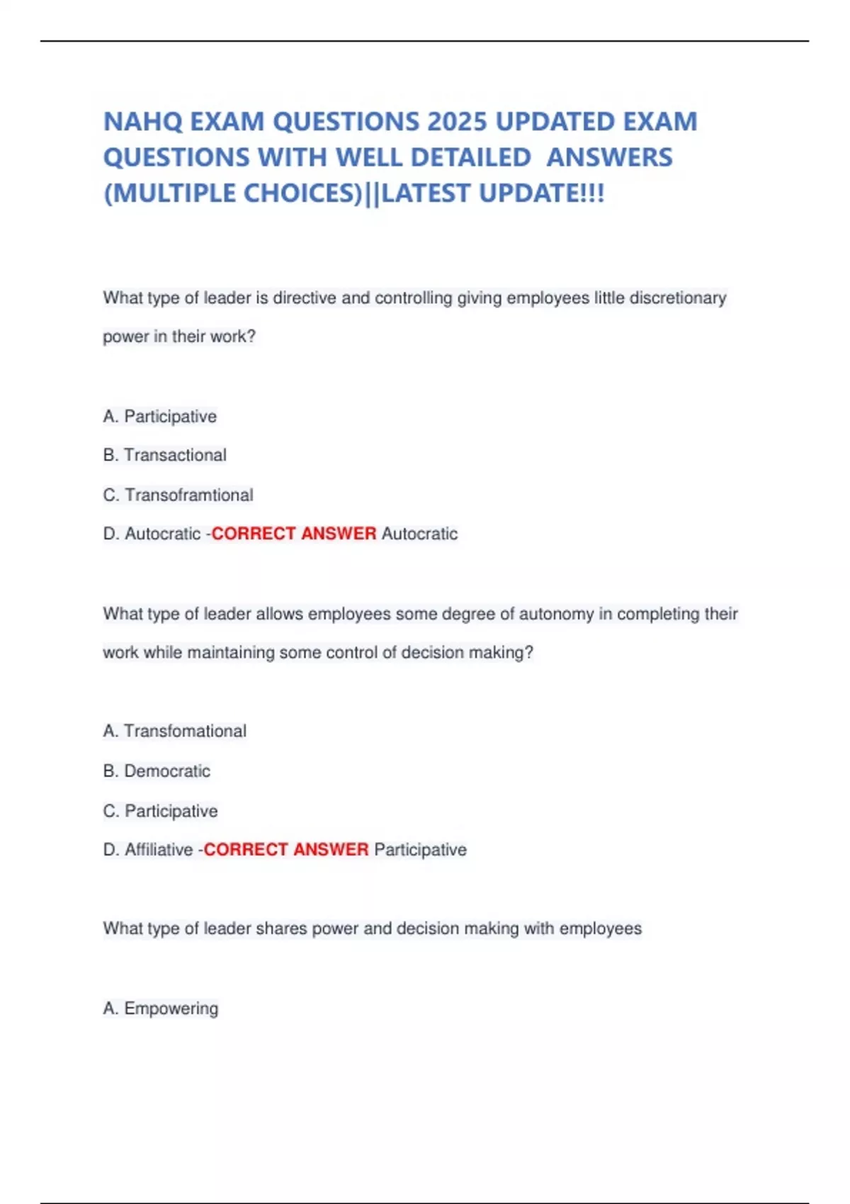 NAHQ EXAM QUESTIONS 2025 UPDATED EXAM QUESTIONS WITH WELL DETAILED ...