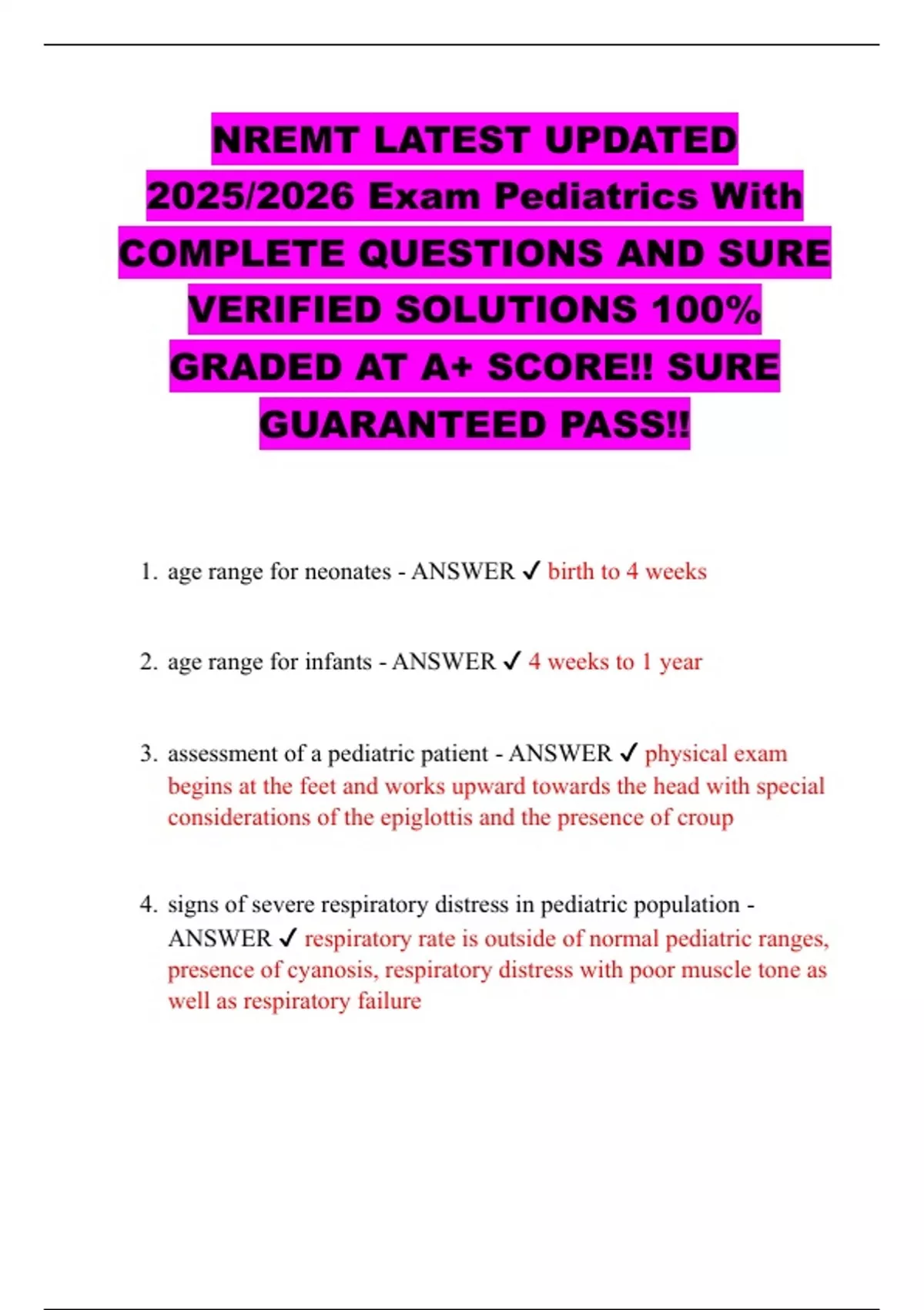 NREMT LATEST UPDATED 2025/2026 Exam Pediatrics With COMPLETE QUESTIONS ...