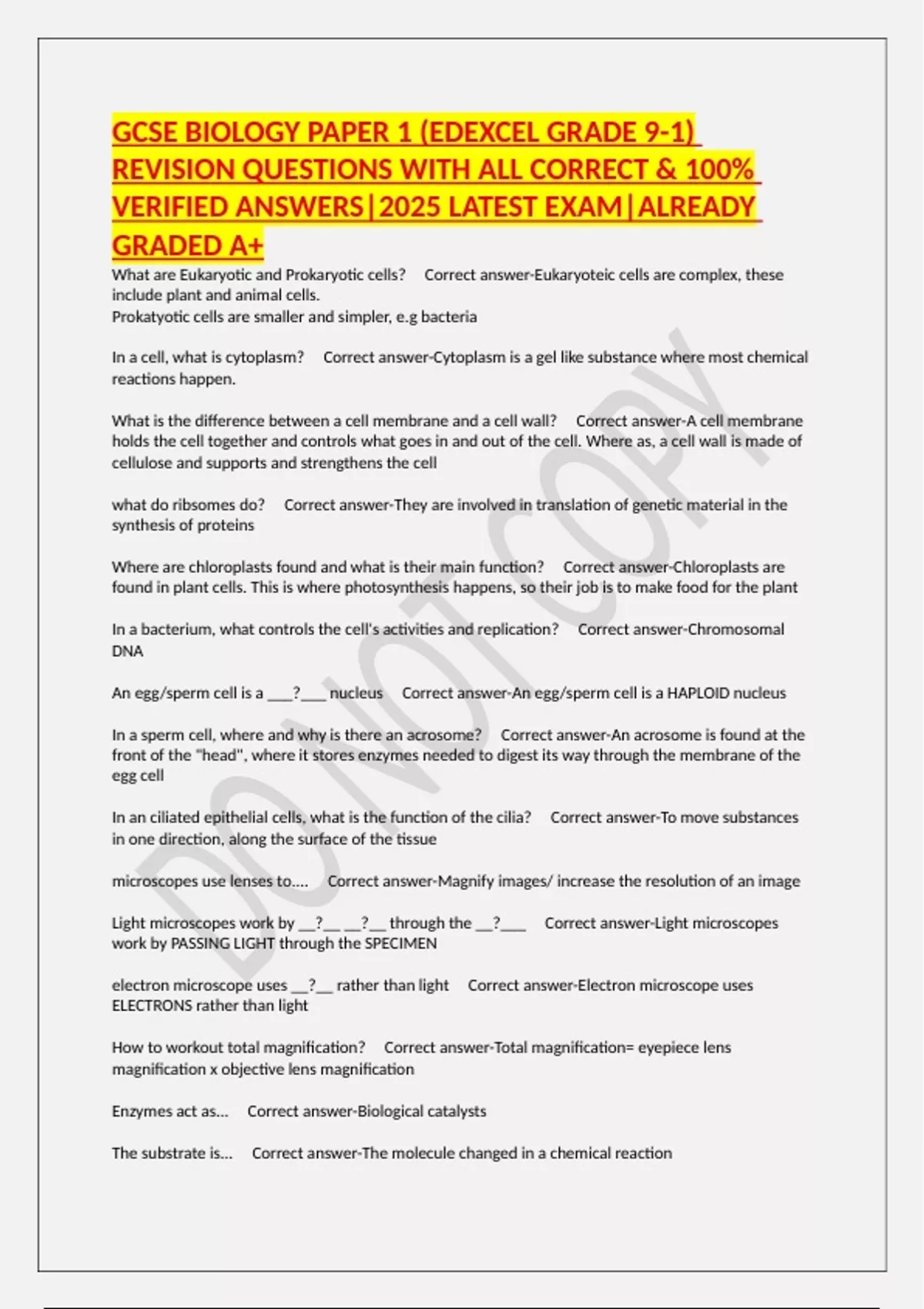 GCSE BIOLOGY PAPER 1 (EDEXCEL GRADE 9-1) REVISION QUESTIONS WITH ALL ...