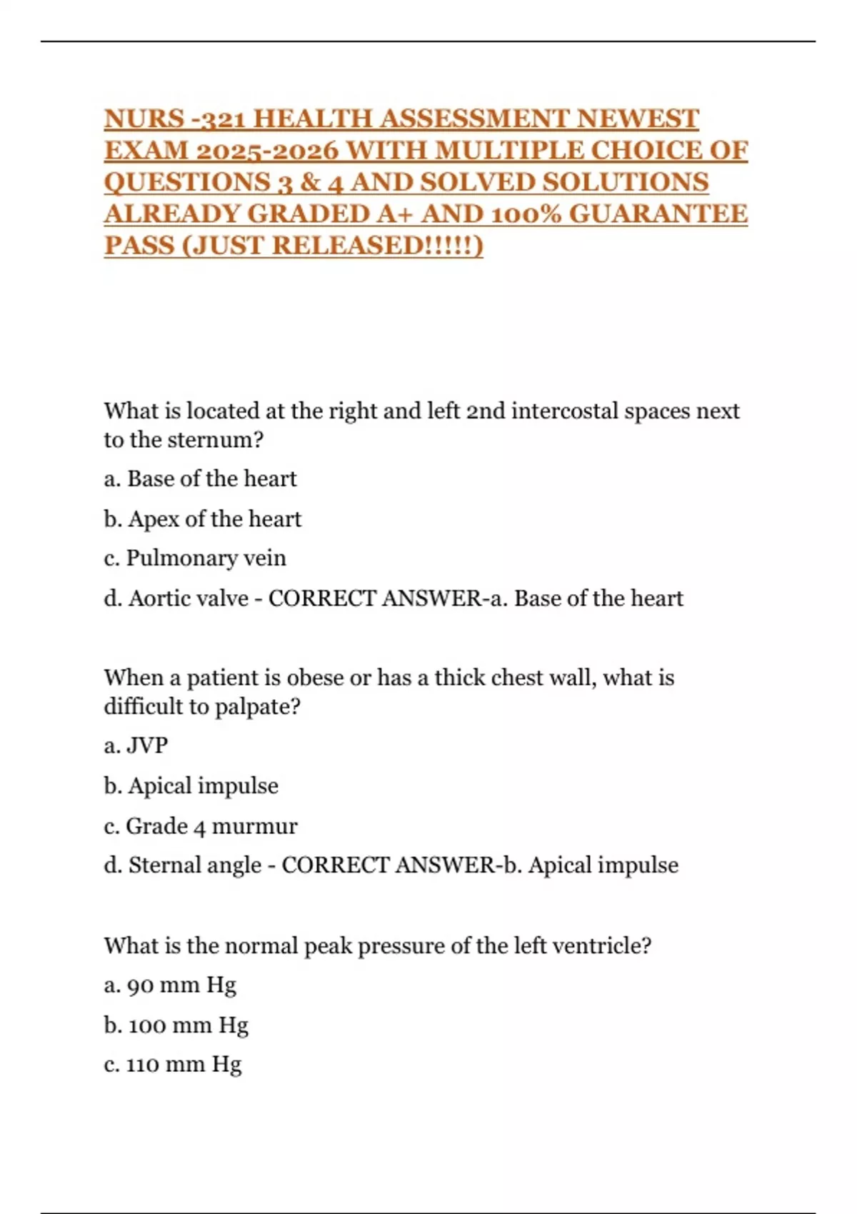 NURS -321 HEALTH ASSESSMENT NEWEST EXAM WITH MULTIPLE CHOICE OF ...