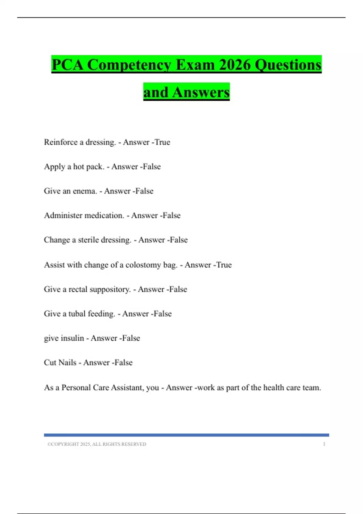 PCA Competency Exam 2026 Questions and Answers - PCA Competency - Stuvia US