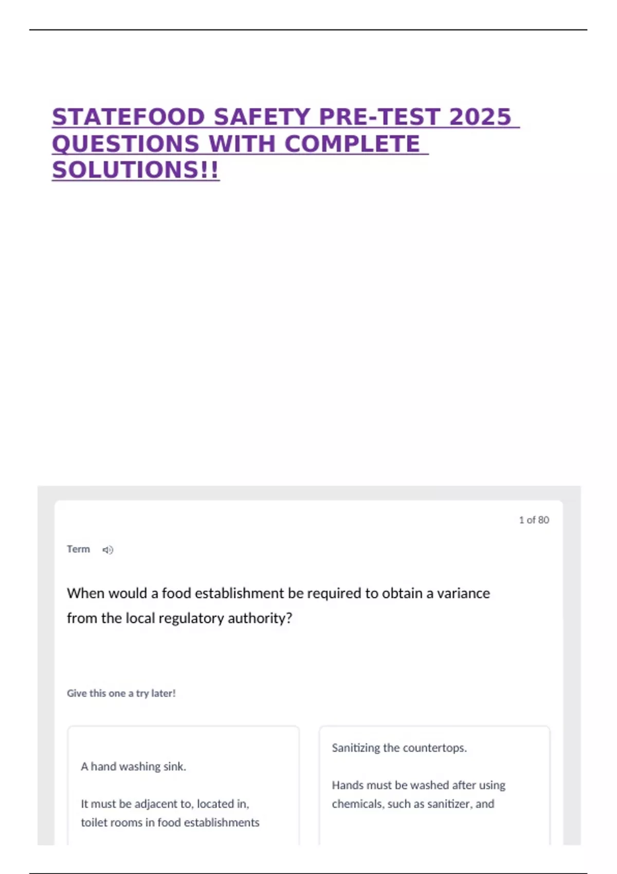 STATEFOOD SAFETY PRE-TEST 2025 QUESTIONS WITH COMPLETE SOLUTIONS ...