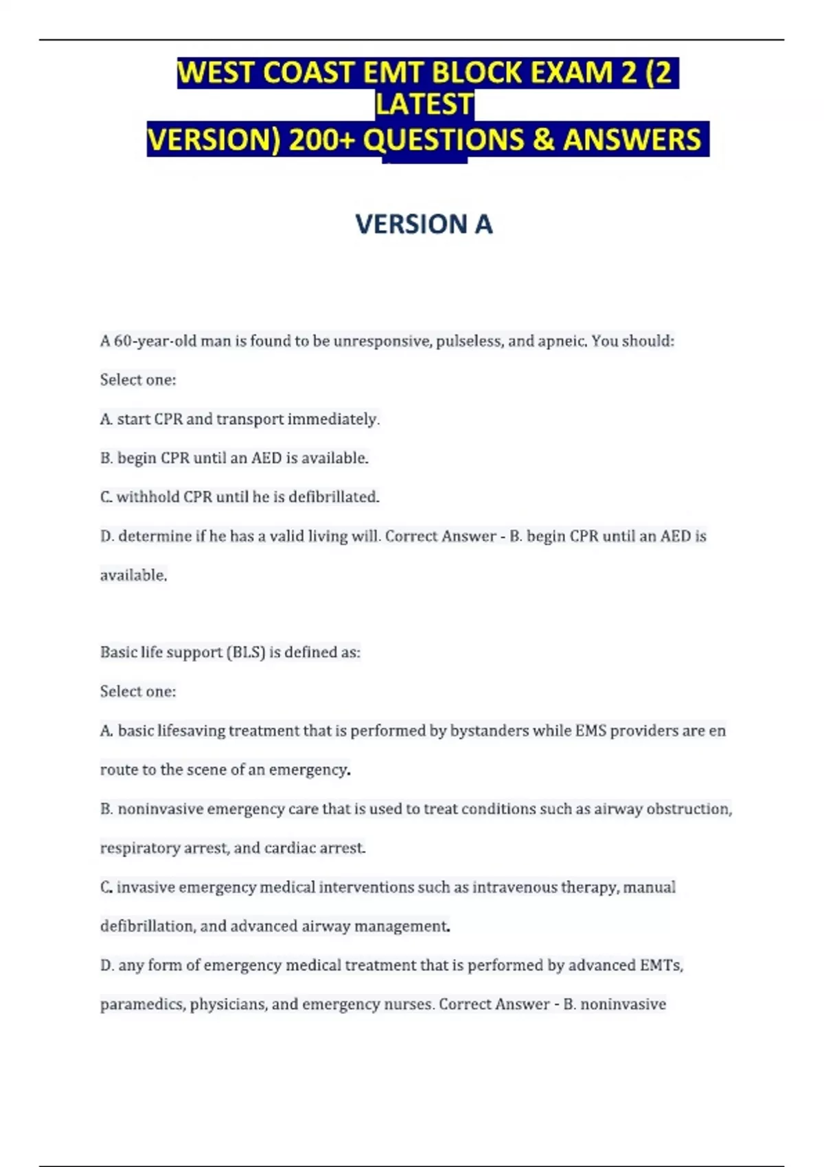 West Coast EMT Block Exam 2 – 2025 Test Bank with Verified Questions ...