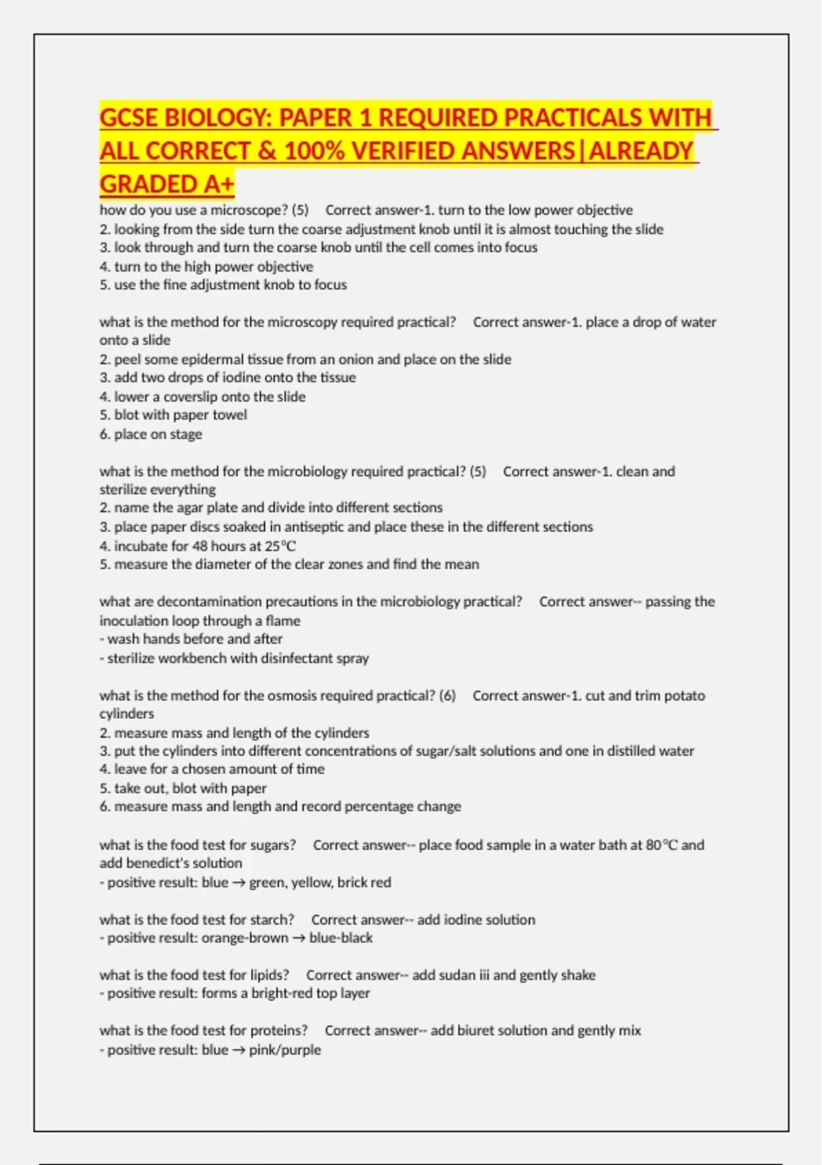 GCSE BIOLOGY: PAPER 1 REQUIRED PRACTICALS WITH ALL CORRECT & 100% ...