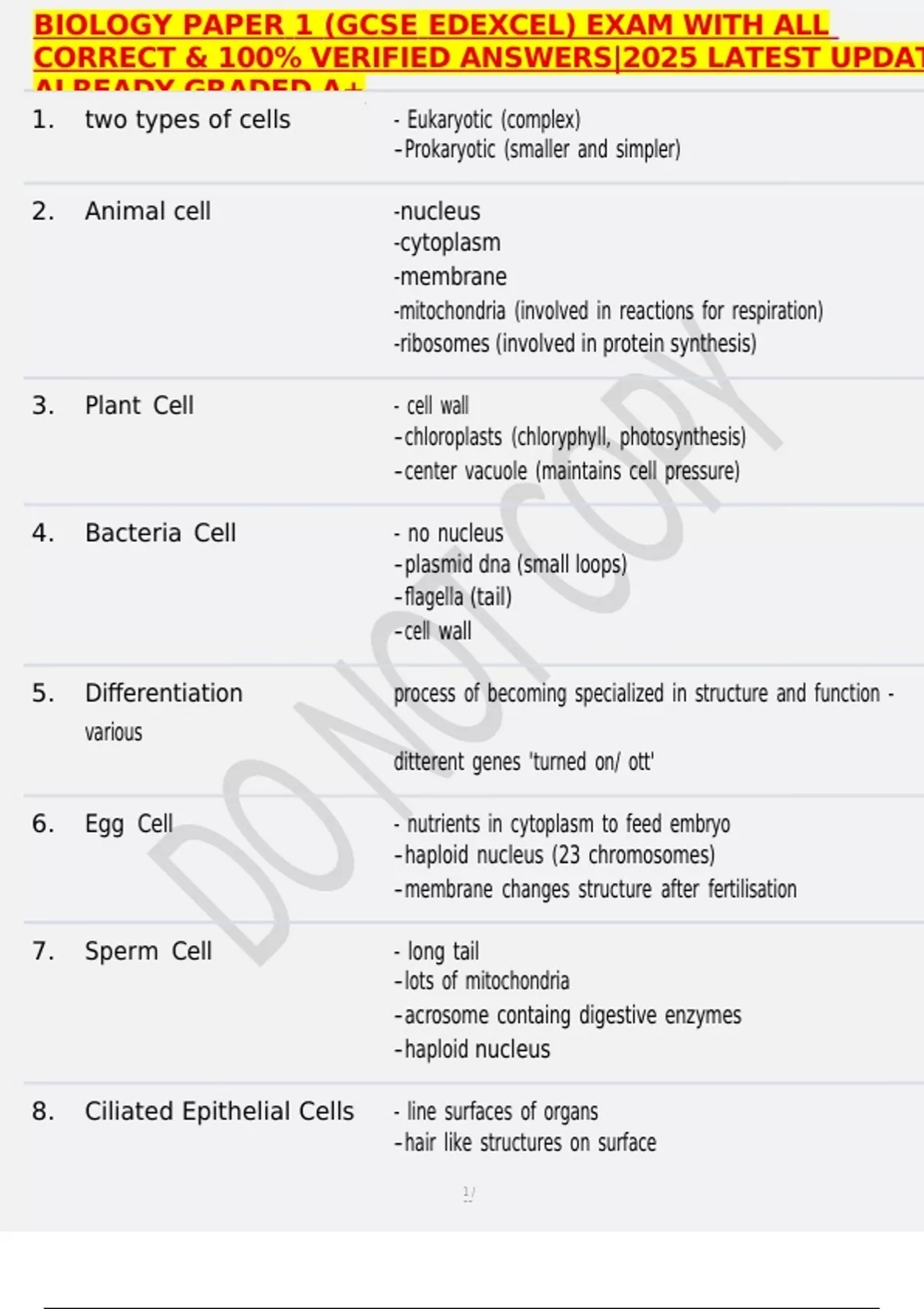 BIOLOGY PAPER 1 (GCSE EDEXCEL) EXAM WITH ALL CORRECT & 100% VERIFIED ...