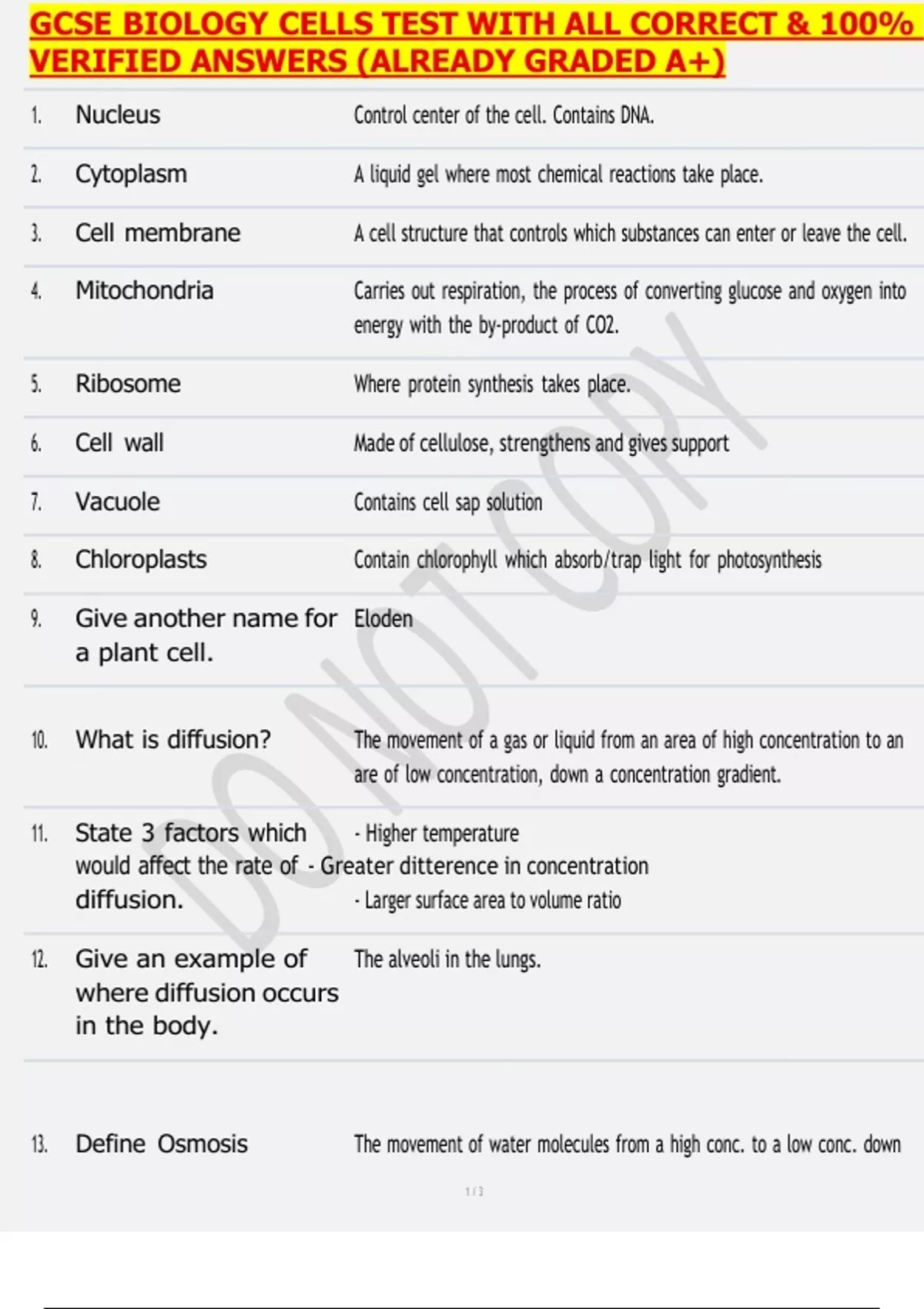 GCSE BIOLOGY CELLS TEST WITH ALL CORRECT & 100% VERIFIED ANSWERS ...