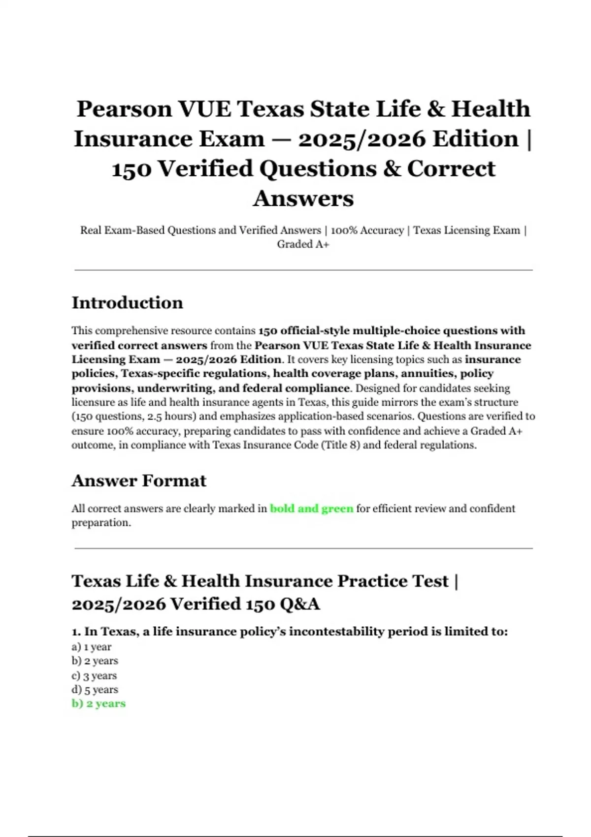 Pearson VUE Texas State Life & Health Insurance Exam — 2025/2026 ...
