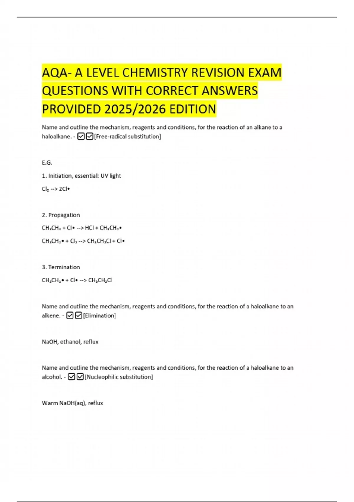 AQA- A LEVEL CHEMISTRY REVISION EXAM QUESTIONS WITH CORRECT ANSWERS PROVIDED 2025/2026 EDITION ...