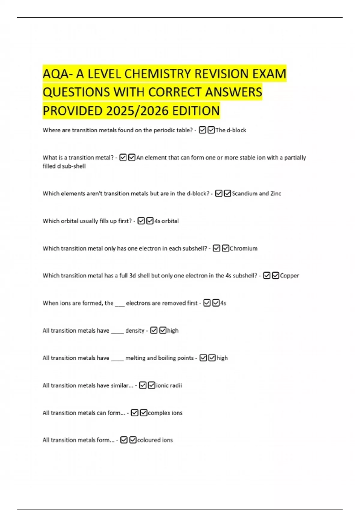 AQA- A LEVEL CHEMISTRY REVISION EXAM QUESTIONS WITH CORRECT ANSWERS PROVIDED 2025/2026 EDITION ...