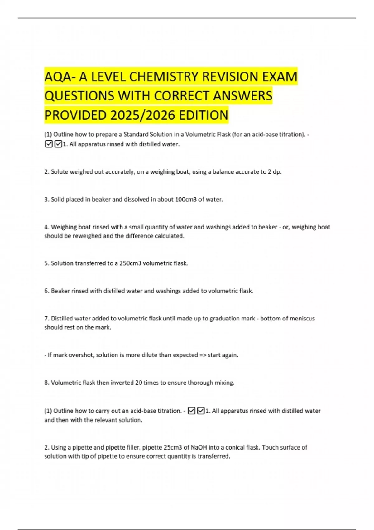 AQA- A LEVEL CHEMISTRY REVISION EXAM QUESTIONS WITH CORRECT ANSWERS PROVIDED 2025/2026 EDITION ...