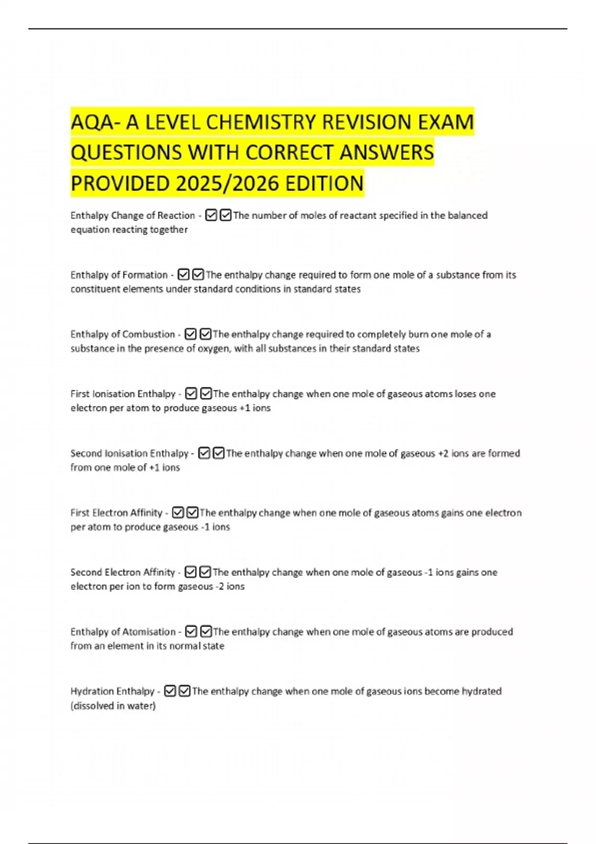 AQA- A LEVEL CHEMISTRY REVISION EXAM QUESTIONS WITH CORRECT ANSWERS PROVIDED 2025/2026 EDITION ...