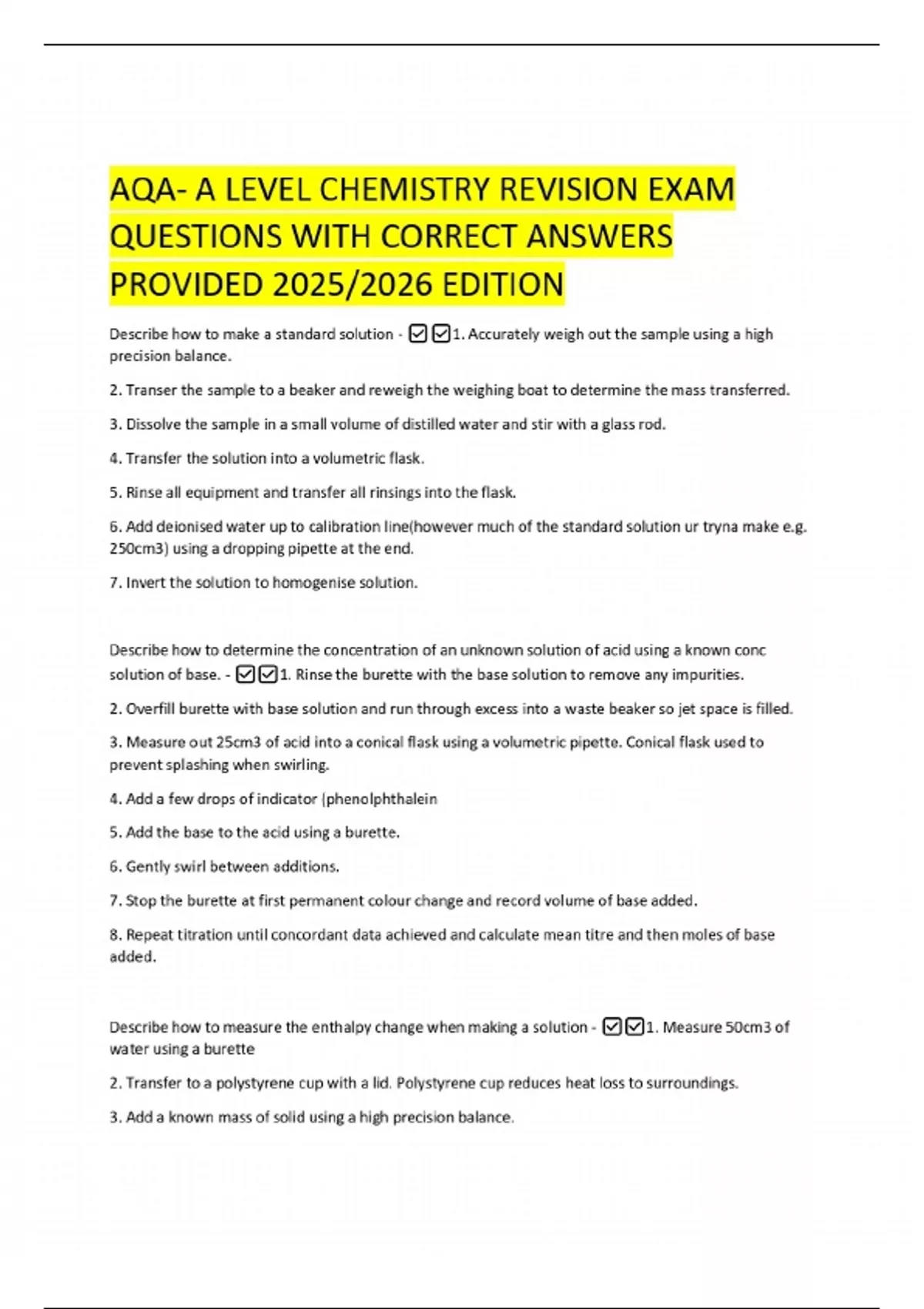 AQA- A LEVEL CHEMISTRY REVISION EXAM QUESTIONS WITH CORRECT ANSWERS PROVIDED 2025/2026 EDITION ...
