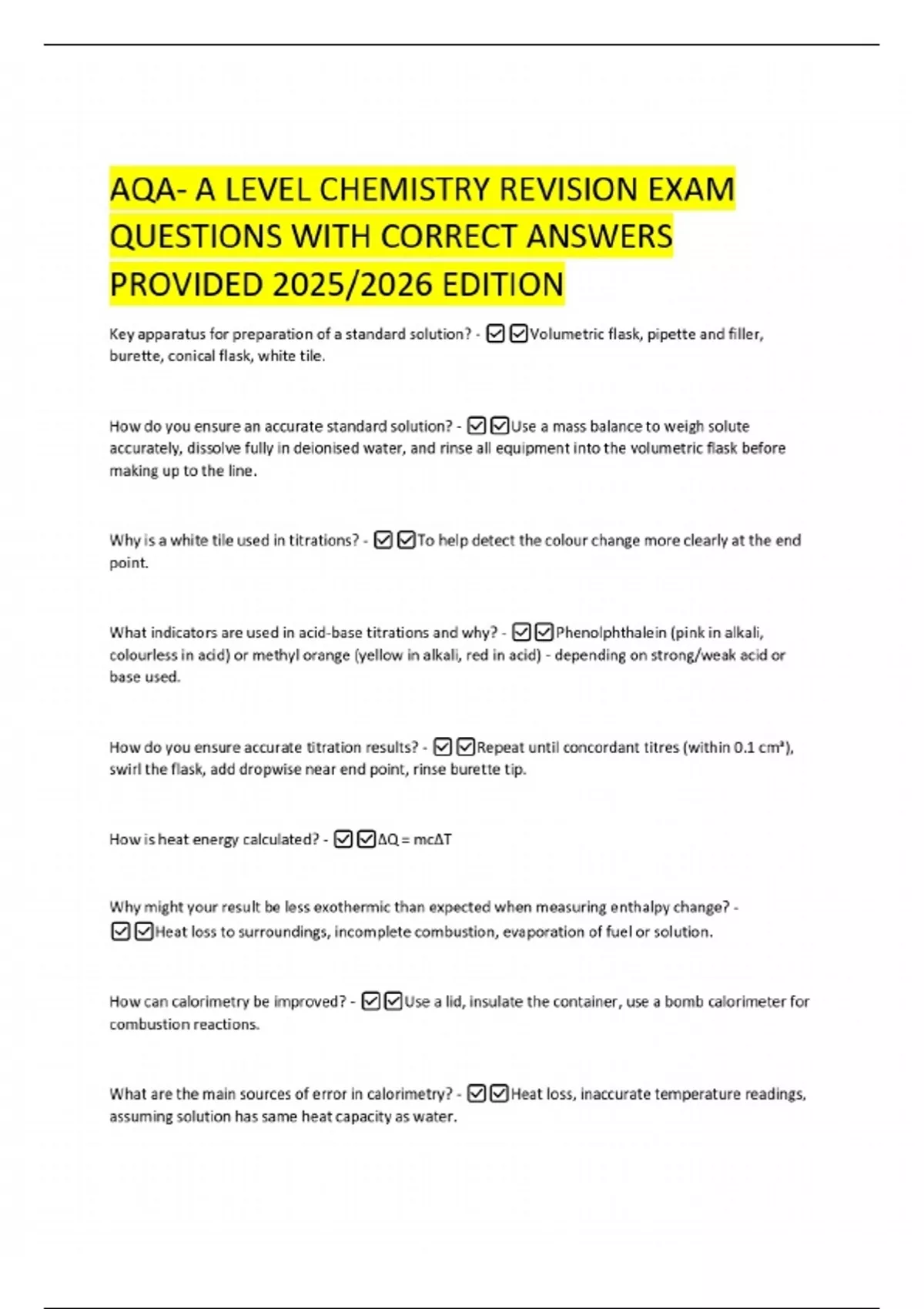 AQA- A LEVEL CHEMISTRY REVISION EXAM QUESTIONS WITH CORRECT ANSWERS PROVIDED 2025/2026 EDITION ...
