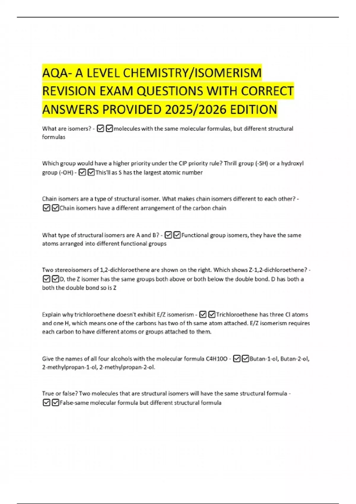 AQA- A LEVEL CHEMISTRY/ISOMERISM REVISION EXAM QUESTIONS WITH CORRECT ANSWERS PROVIDED 2025/2026 ...