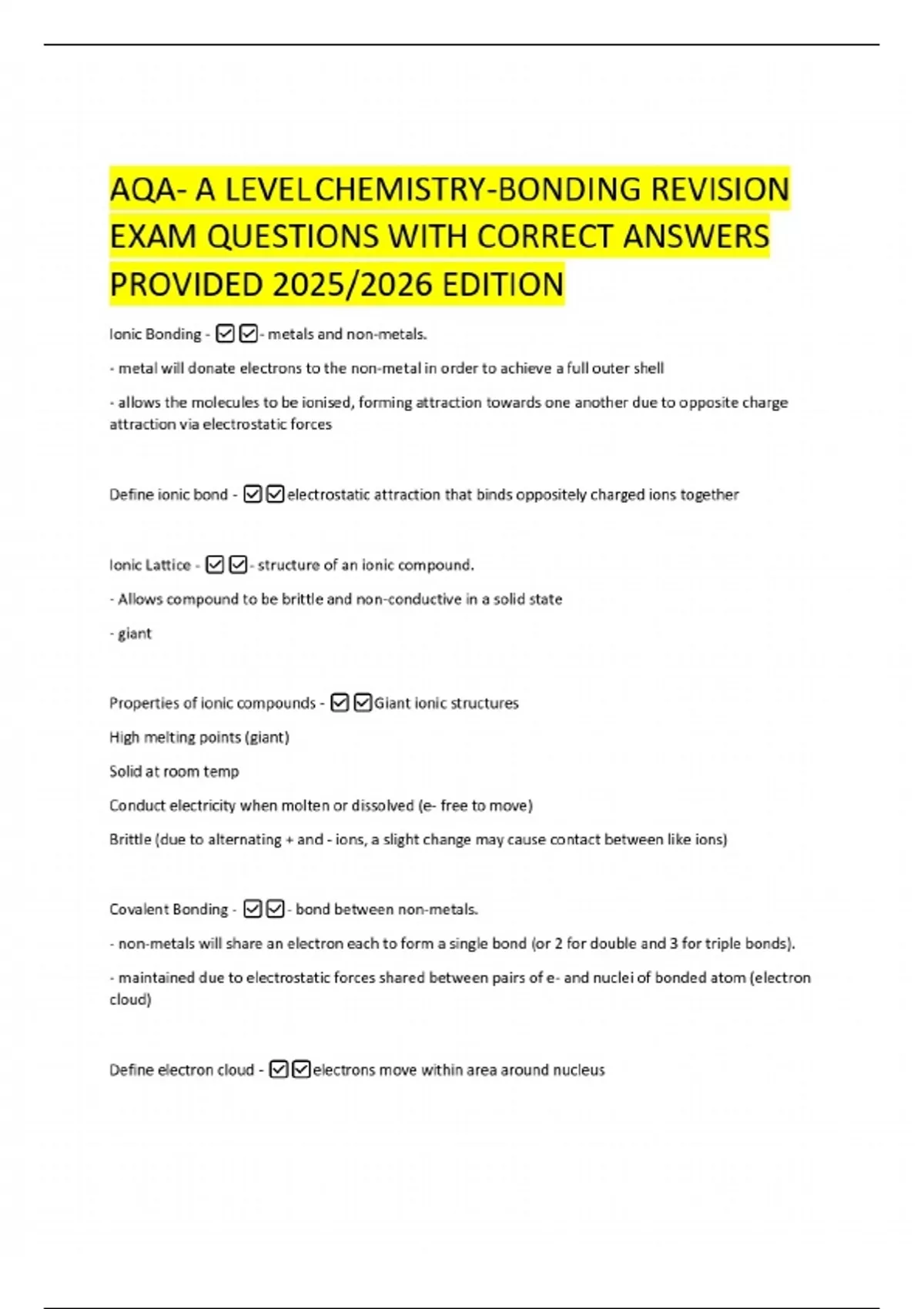 AQA- A LEVELCHEMISTRY-BONDING REVISION EXAM QUESTIONS WITH CORRECT ...