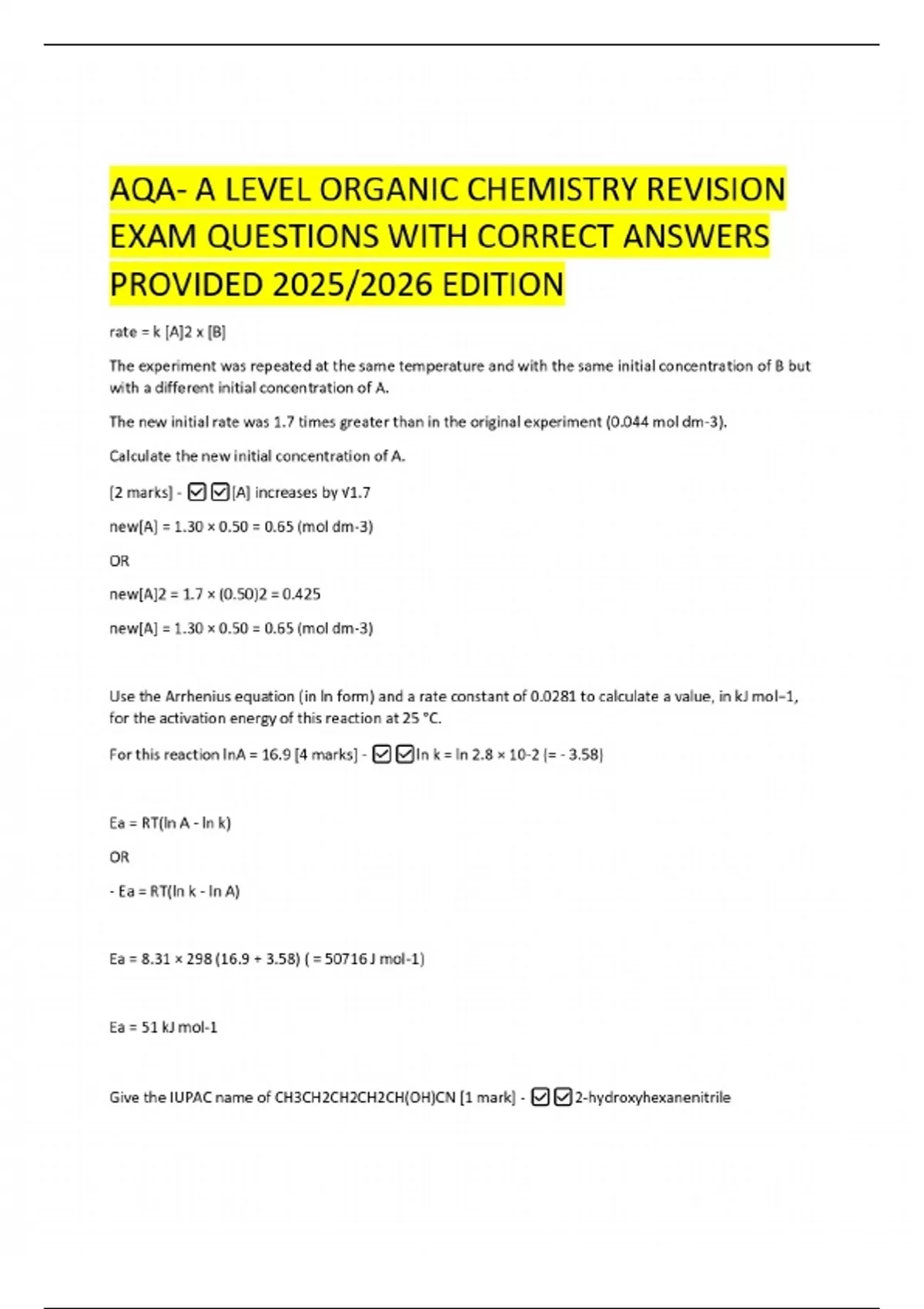 AQA- A LEVEL ORGANIC CHEMISTRY REVISION EXAM QUESTIONS WITH CORRECT ...