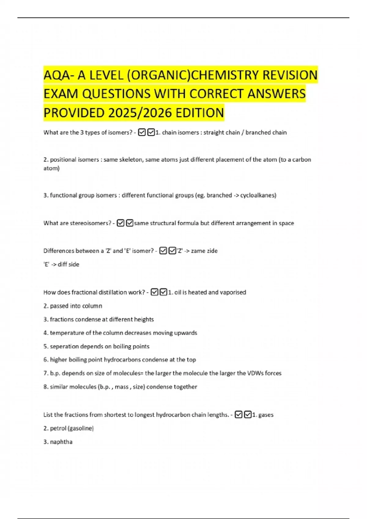AQA- A LEVEL (ORGANIC)CHEMISTRY REVISION EXAM QUESTIONS WITH CORRECT ANSWERS PROVIDED 2025/2026 ...