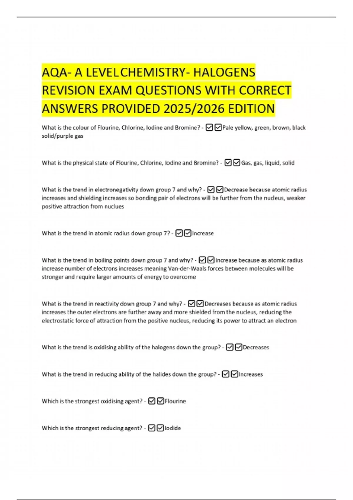 AQA- A LEVELCHEMISTRY- HALOGENS REVISION EXAM QUESTIONS WITH CORRECT ANSWERS PROVIDED 2025/2026 ...