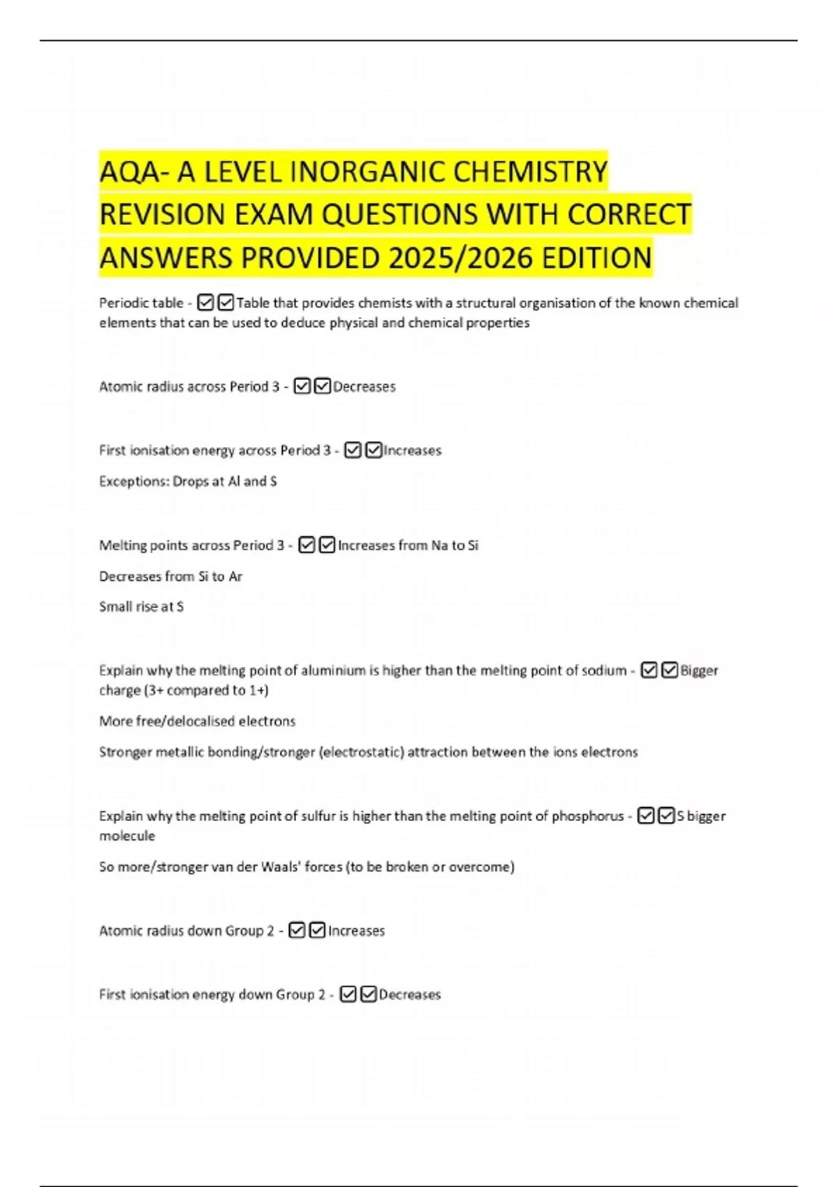 AQA- A LEVEL INORGANIC CHEMISTRY REVISION EXAM QUESTIONS WITH CORRECT ...