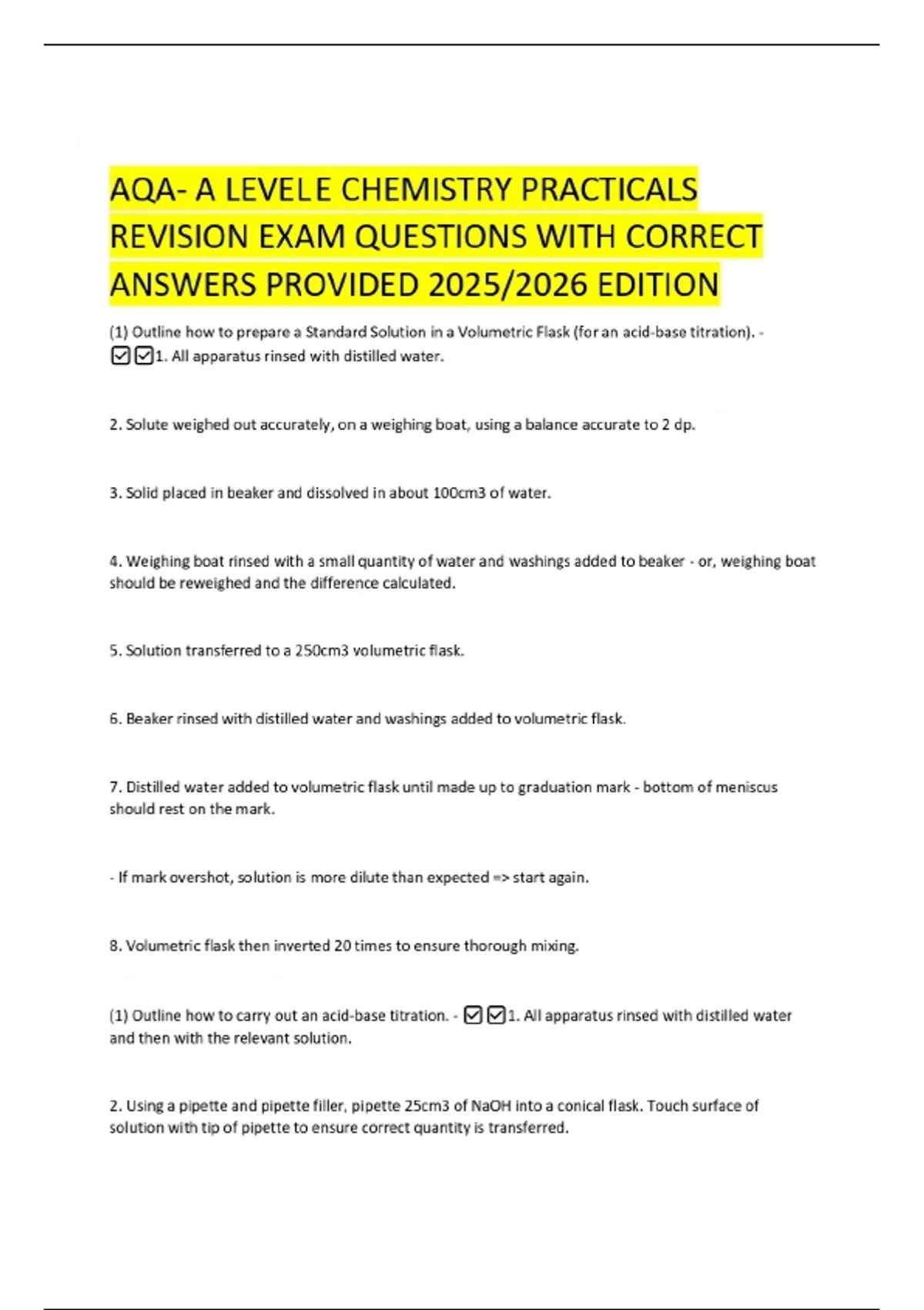 AQA- A LEVELE CHEMISTRY PRACTICALS REVISION EXAM QUESTIONS WITH CORRECT ANSWERS PROVIDED 2025/ ...