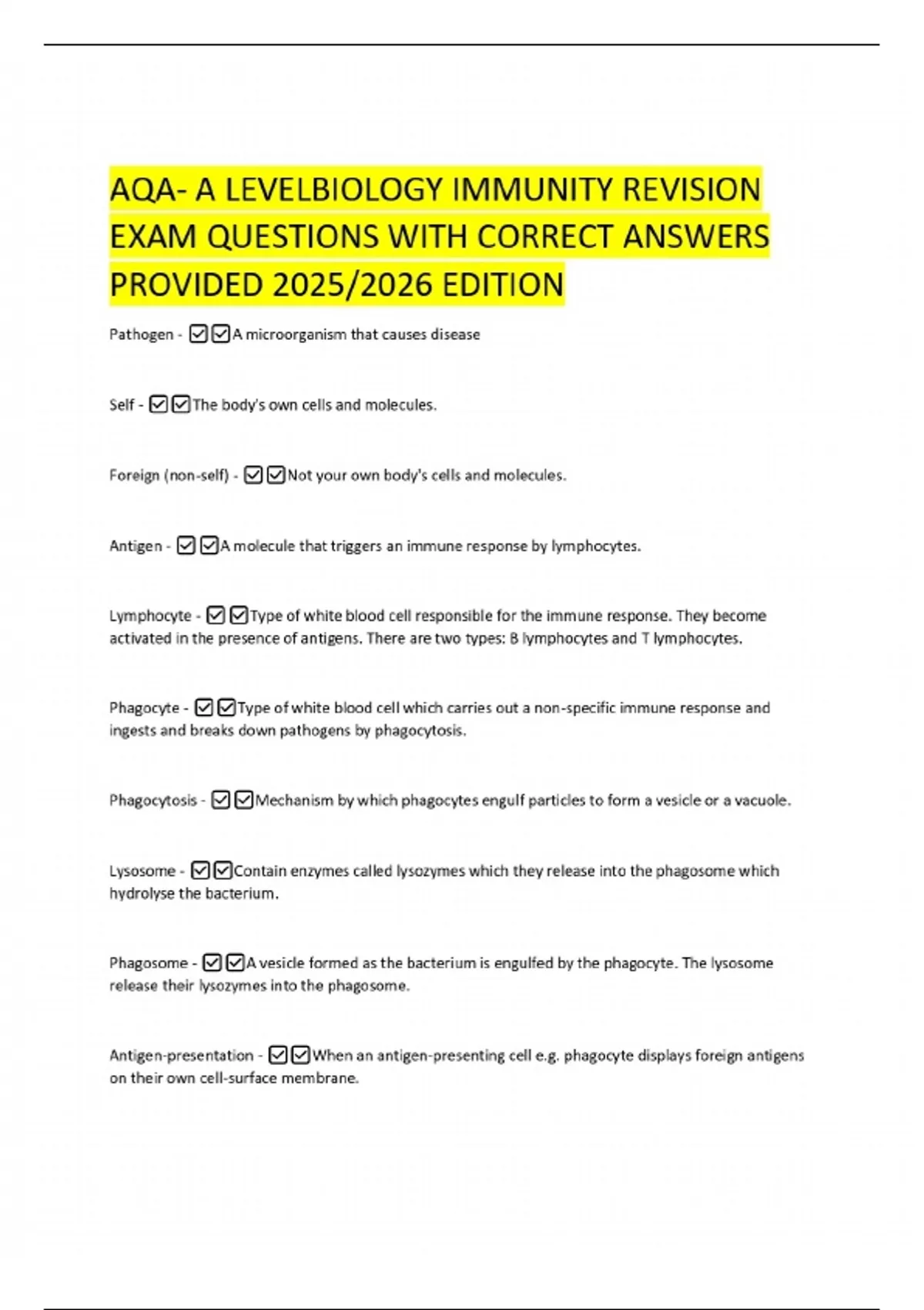 AQA- A LEVELBIOLOGY IMMUNITY REVISION EXAM QUESTIONS WITH CORRECT ...