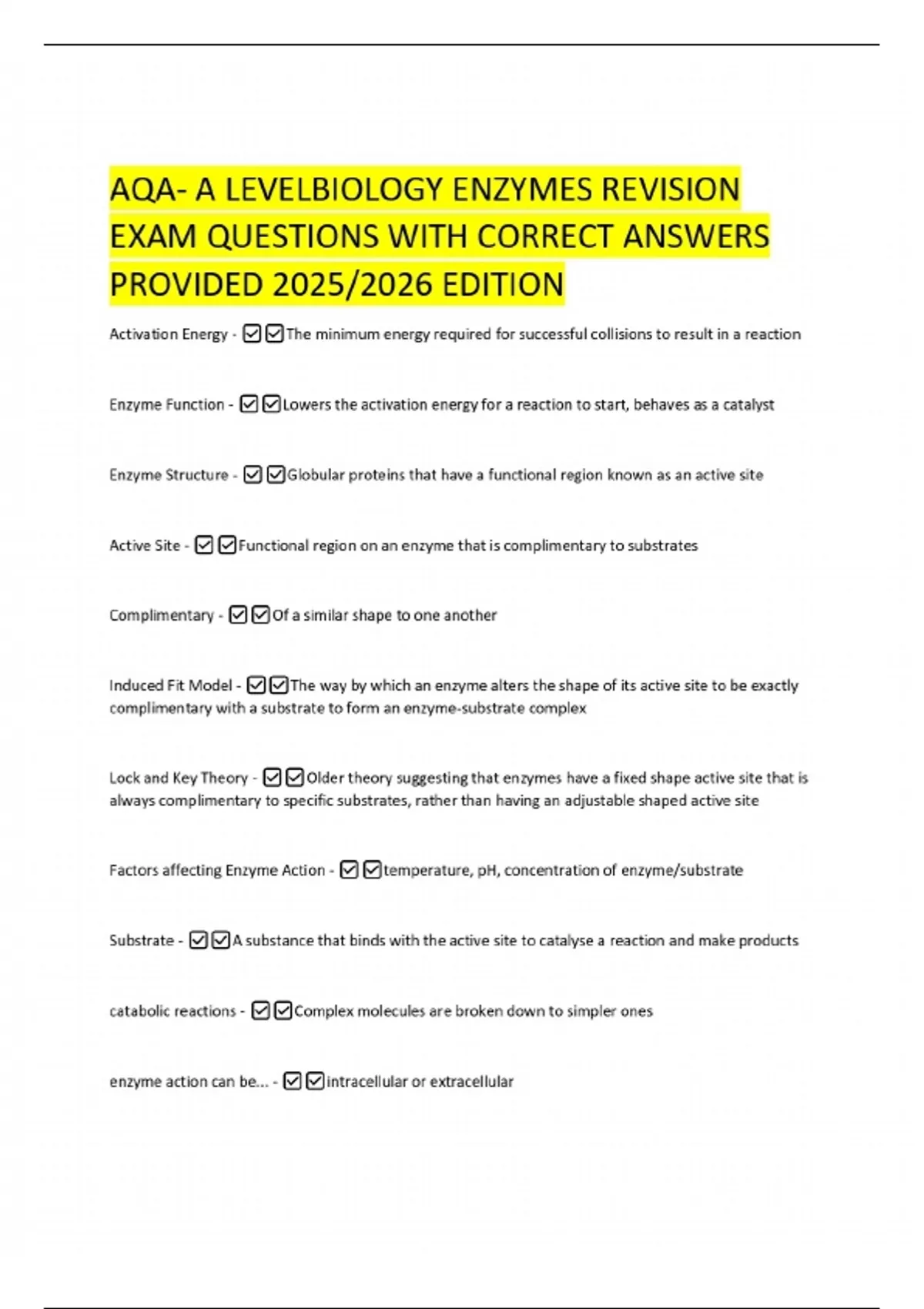 AQA- A LEVELBIOLOGY ENZYMES REVISION EXAM QUESTIONS WITH CORRECT ...