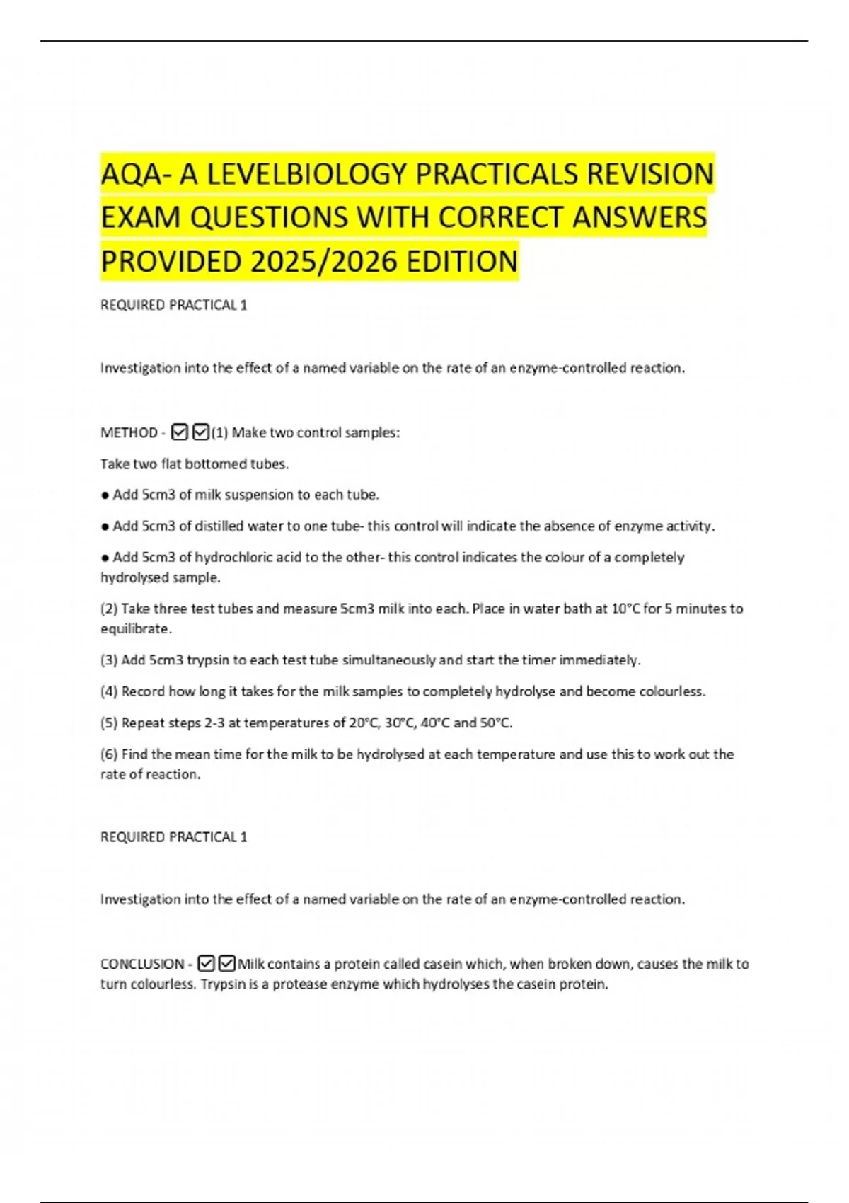 AQA- A LEVELBIOLOGY PRACTICALS REVISION EXAM QUESTIONS WITH CORRECT ANSWERS PROVIDED 2025/2026 ...