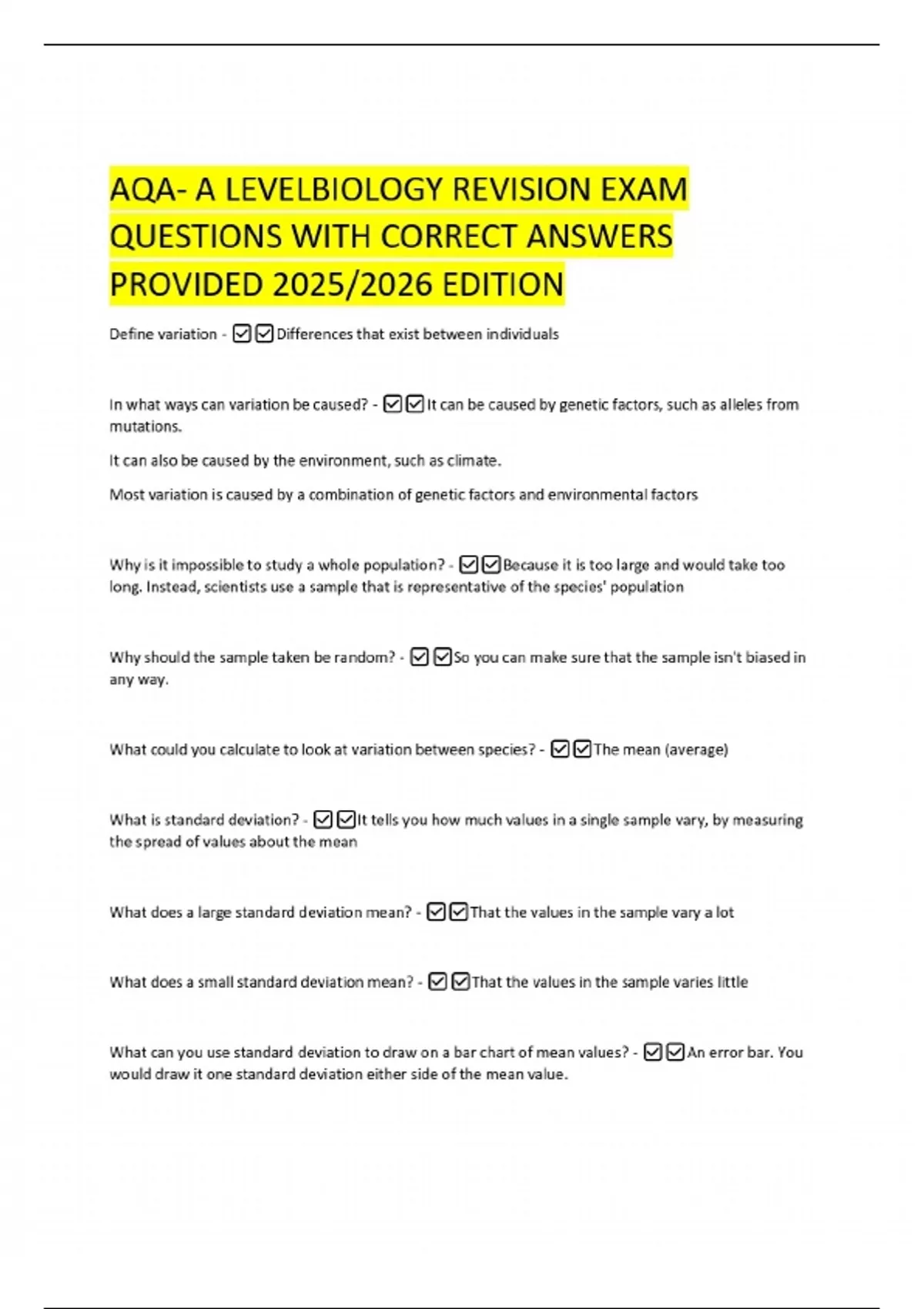 AQA- A LEVELBIOLOGY REVISION EXAM QUESTIONS WITH CORRECT ANSWERS PROVIDED 2025/2026 EDITION ...