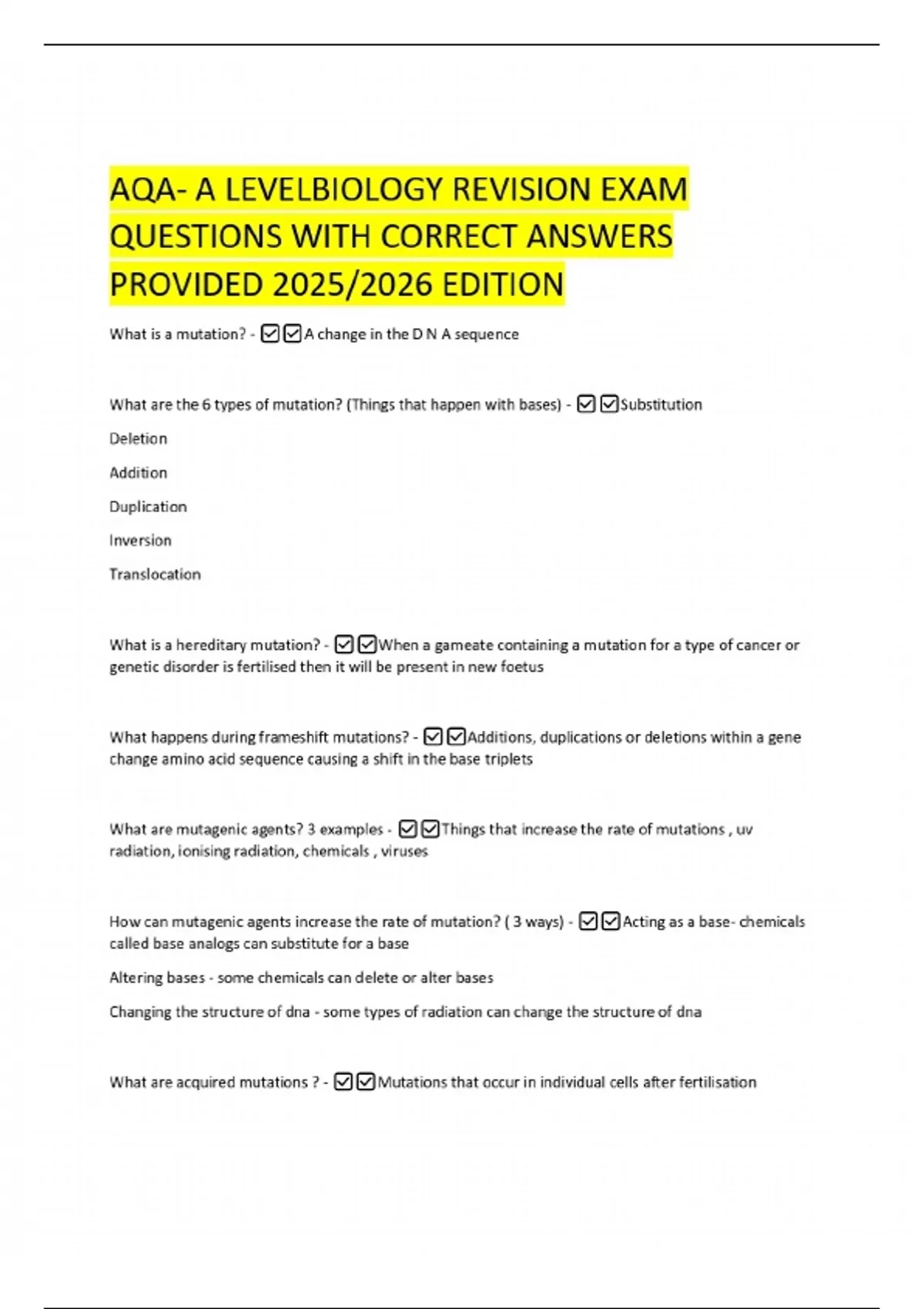 AQA- A LEVELBIOLOGY REVISION EXAM QUESTIONS WITH CORRECT ANSWERS PROVIDED 2025/2026 EDITION ...