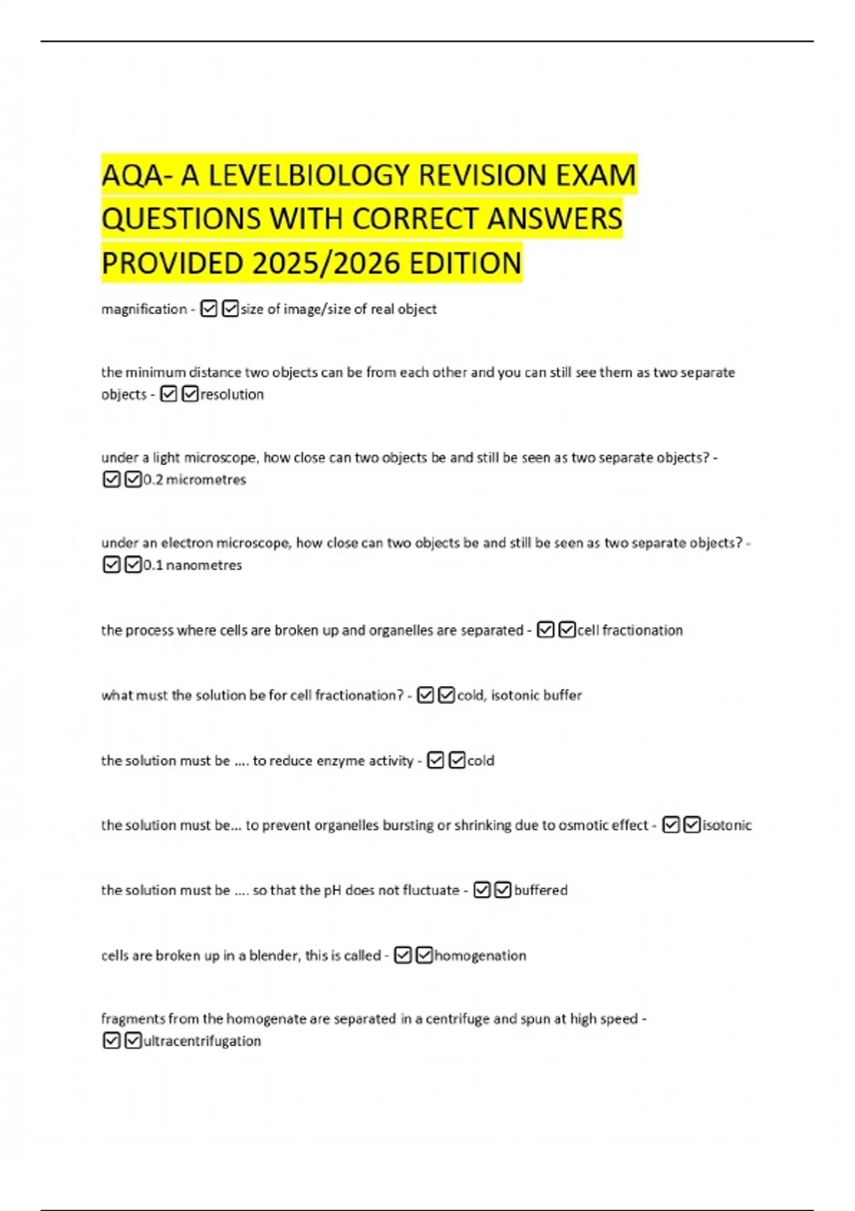 AQA- A LEVELBIOLOGY REVISION EXAM QUESTIONS WITH CORRECT ANSWERS PROVIDED 2025/2026 EDITION ...