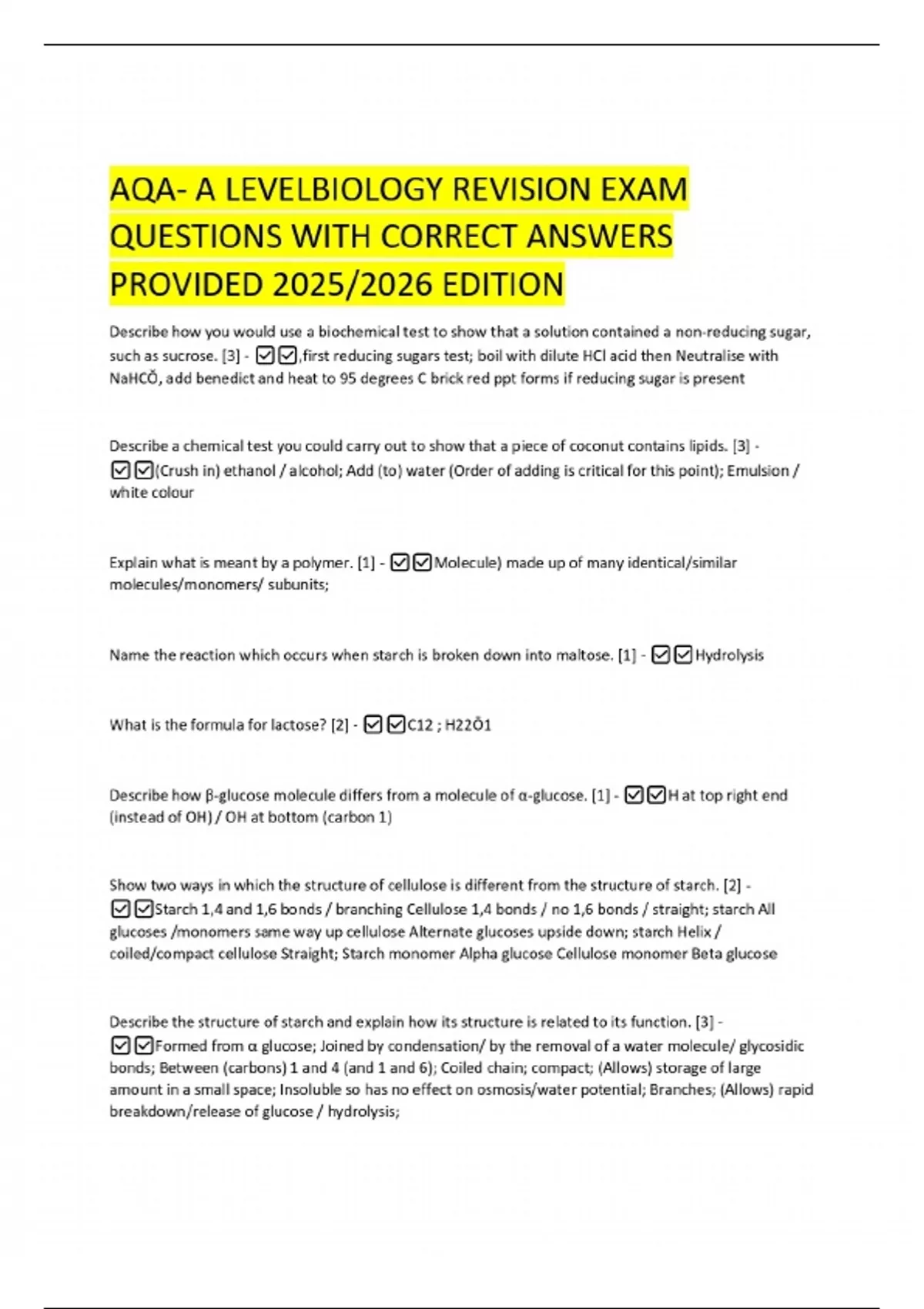 AQA- A LEVELBIOLOGY REVISION EXAM QUESTIONS WITH CORRECT ANSWERS PROVIDED 2025/2026 EDITION ...