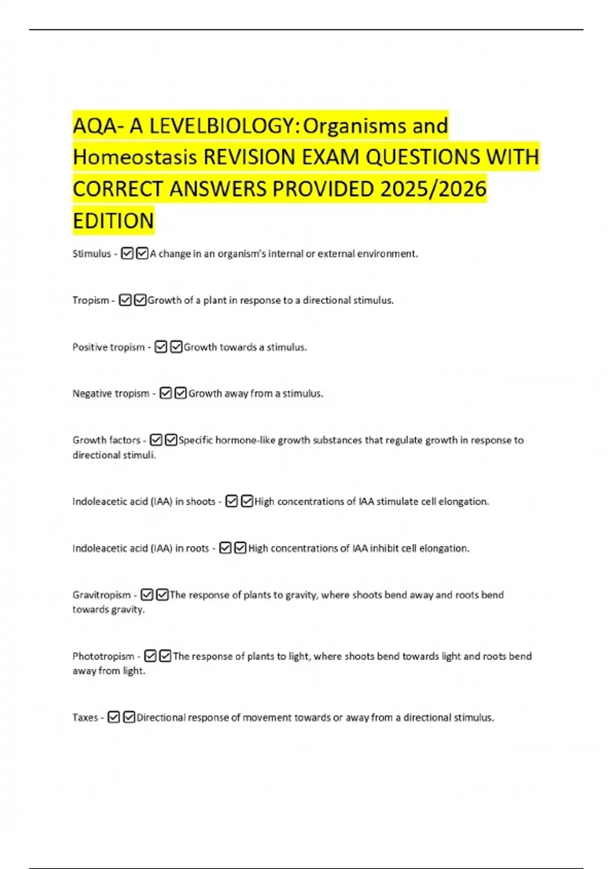 AQA- A LEVELBIOLOGY:Organisms and Homeostasis REVISION EXAM QUESTIONS ...