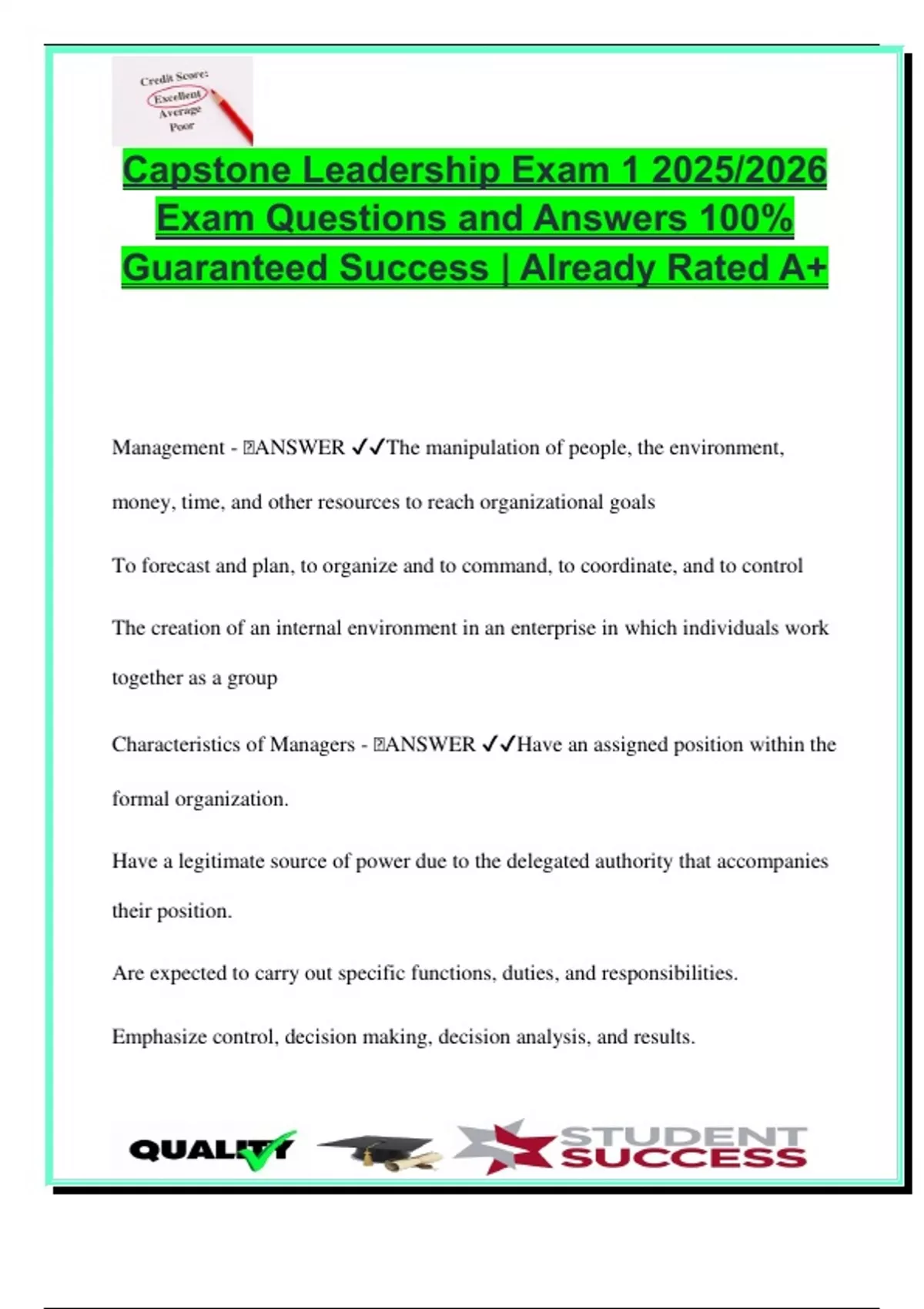 Capstone Leadership Exam 1 2025/2026 | 100 Solved Questions with ...