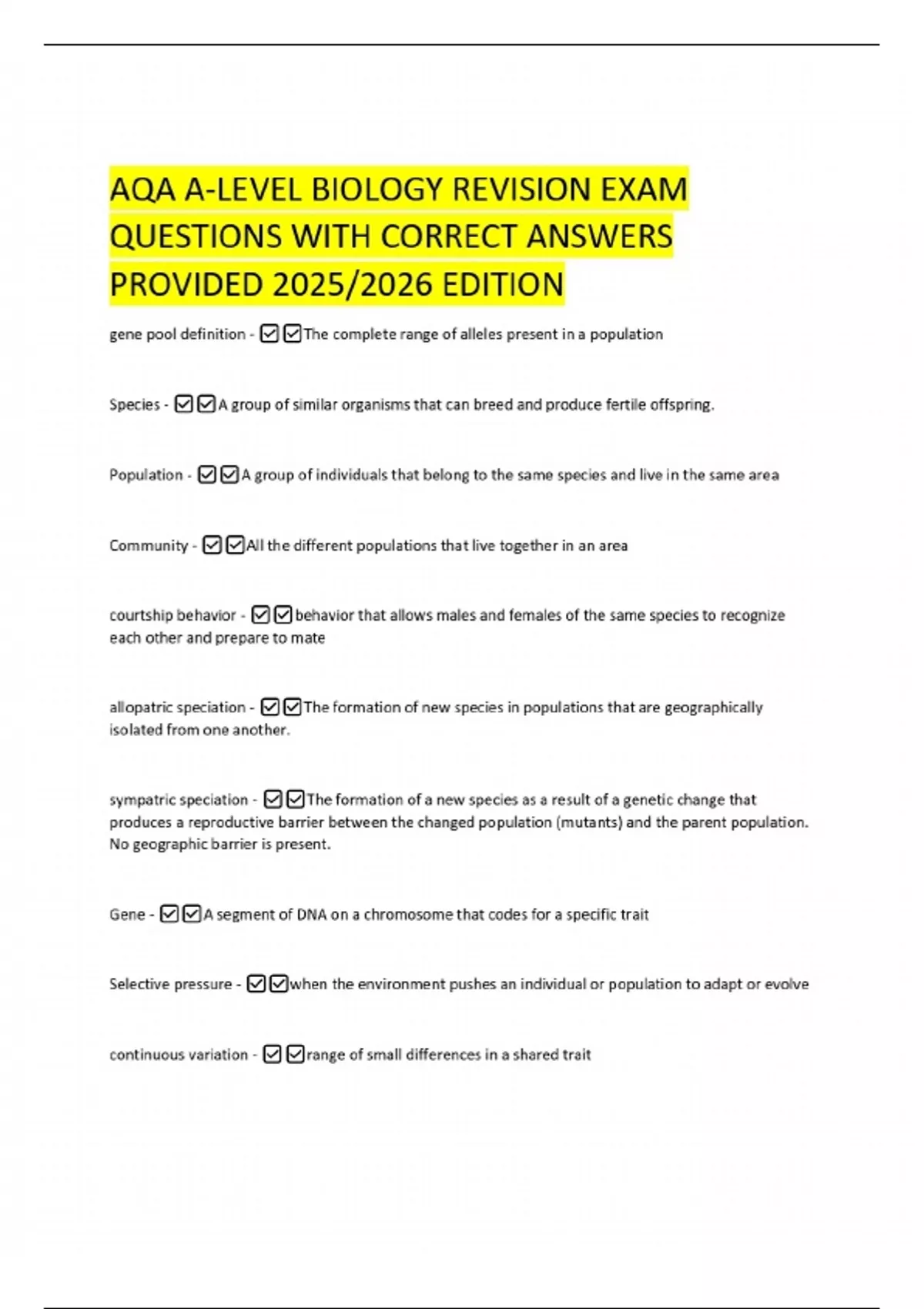 AQA A-LEVEL BIOLOGY - BIODIVERSITY REVISION EXAM QUESTIONS WITH CORRECT ANSWERS PROVIDED 2025/ ...
