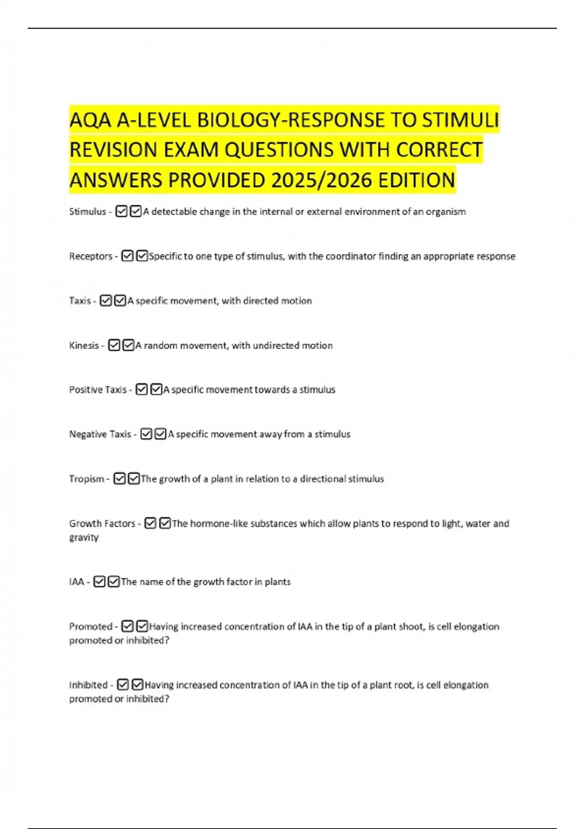 AQA A-LEVEL BIOLOGY-RESPONSE TO STIMULI REVISION EXAM QUESTIONS WITH ...