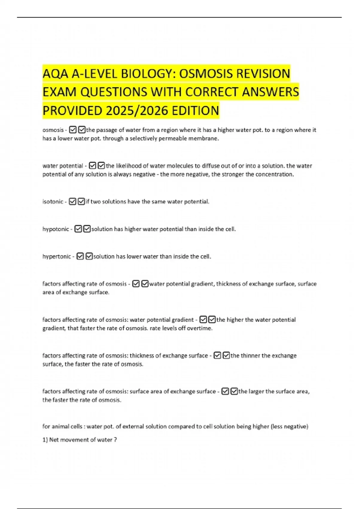AQA A-LEVEL BIOLOGY: OSMOSIS REVISION EXAM QUESTIONS WITH CORRECT ANSWERS PROVIDED 2025/2026 ...