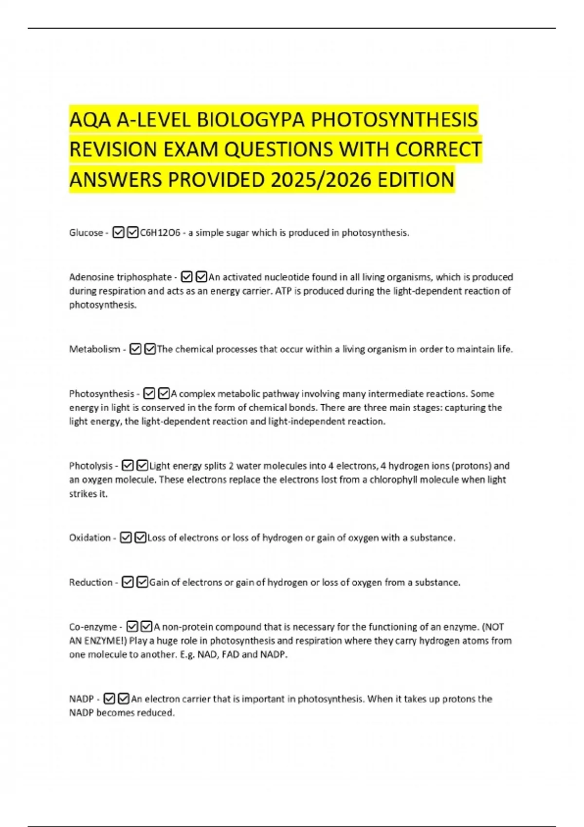 AQA A-LEVEL BIOLOGYPA PHOTOSYNTHESIS REVISION EXAM QUESTIONS WITH CORRECT ANSWERS PROVIDED 2025/ ...