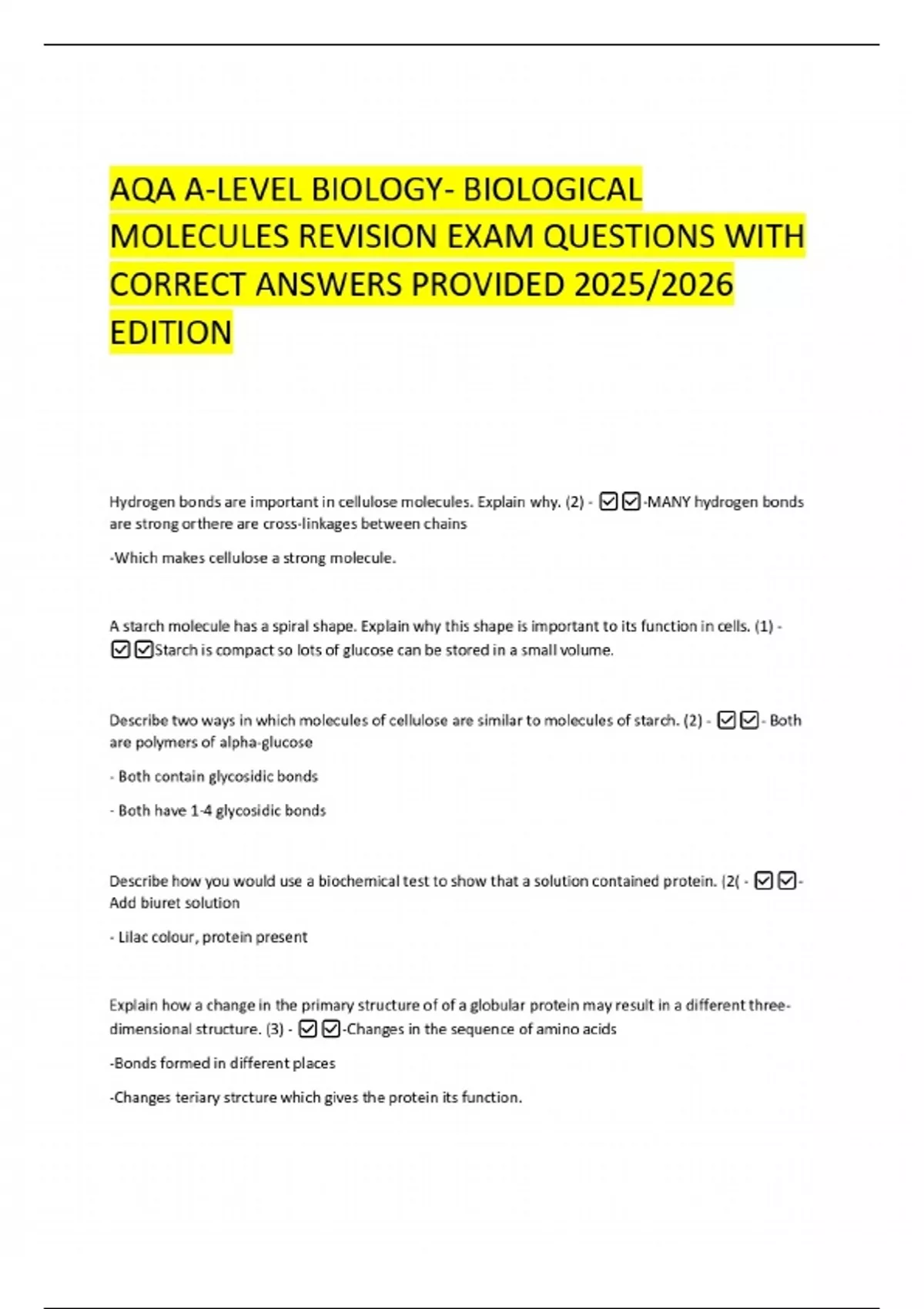 AQA A-LEVEL BIOLOGY- BIOLOGICAL MOLECULES REVISION EXAM QUESTIONS WITH ...